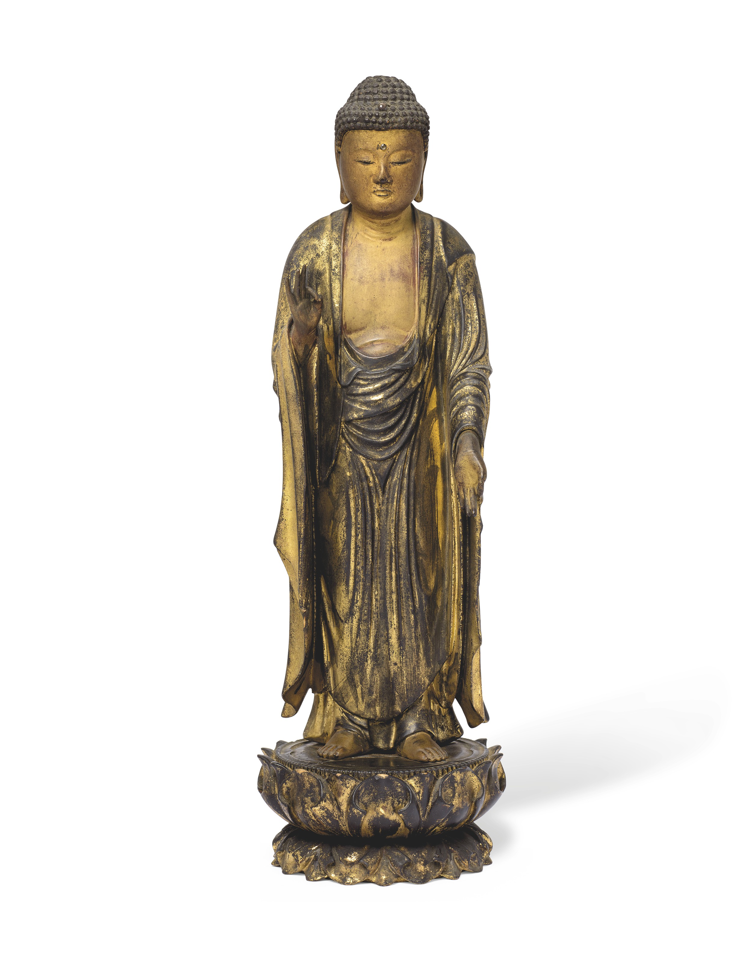 A CARVED STANDING WOOD FIGURE OF AMITABHA (AMIDA NYORAI), EDO PERIOD ...