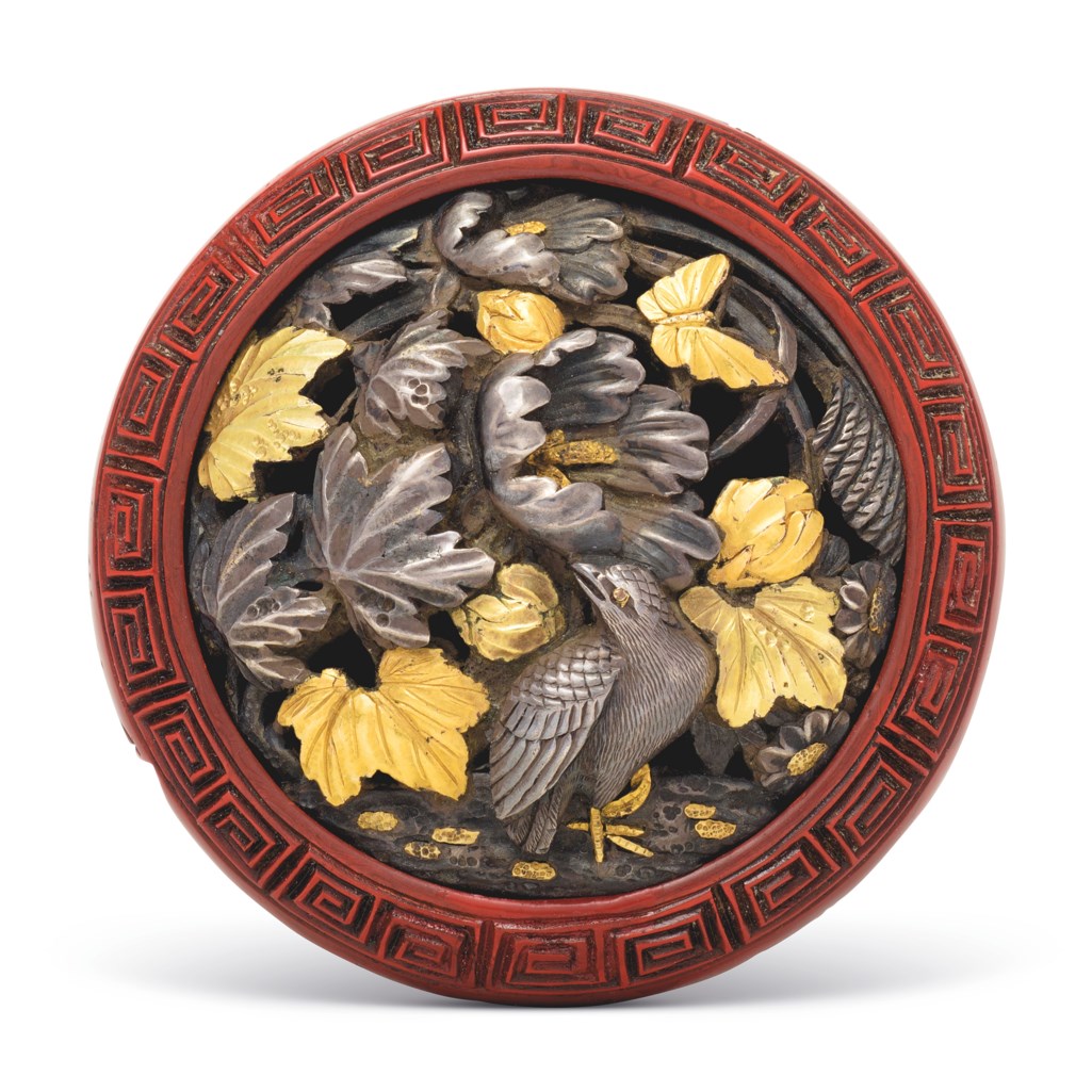 A CARVED RED LACQUER (TSUISHU) AND METALWORK KAGAMIBUTA NETSUKE, EDO ...