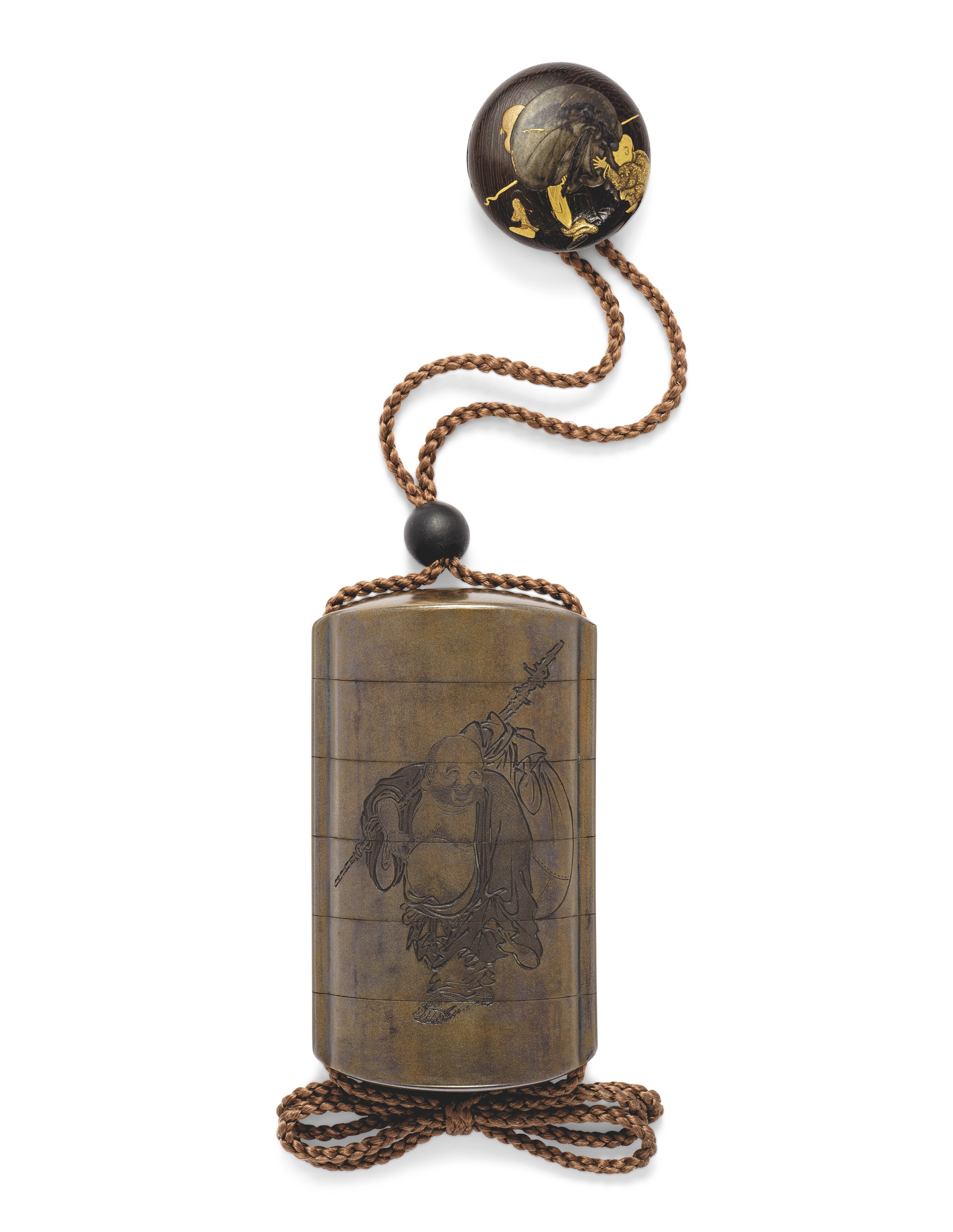 A FIVE-CASE LACQUER INRO WITH HOTEI, SIGNED WITH INCISED CHARACTERS ...