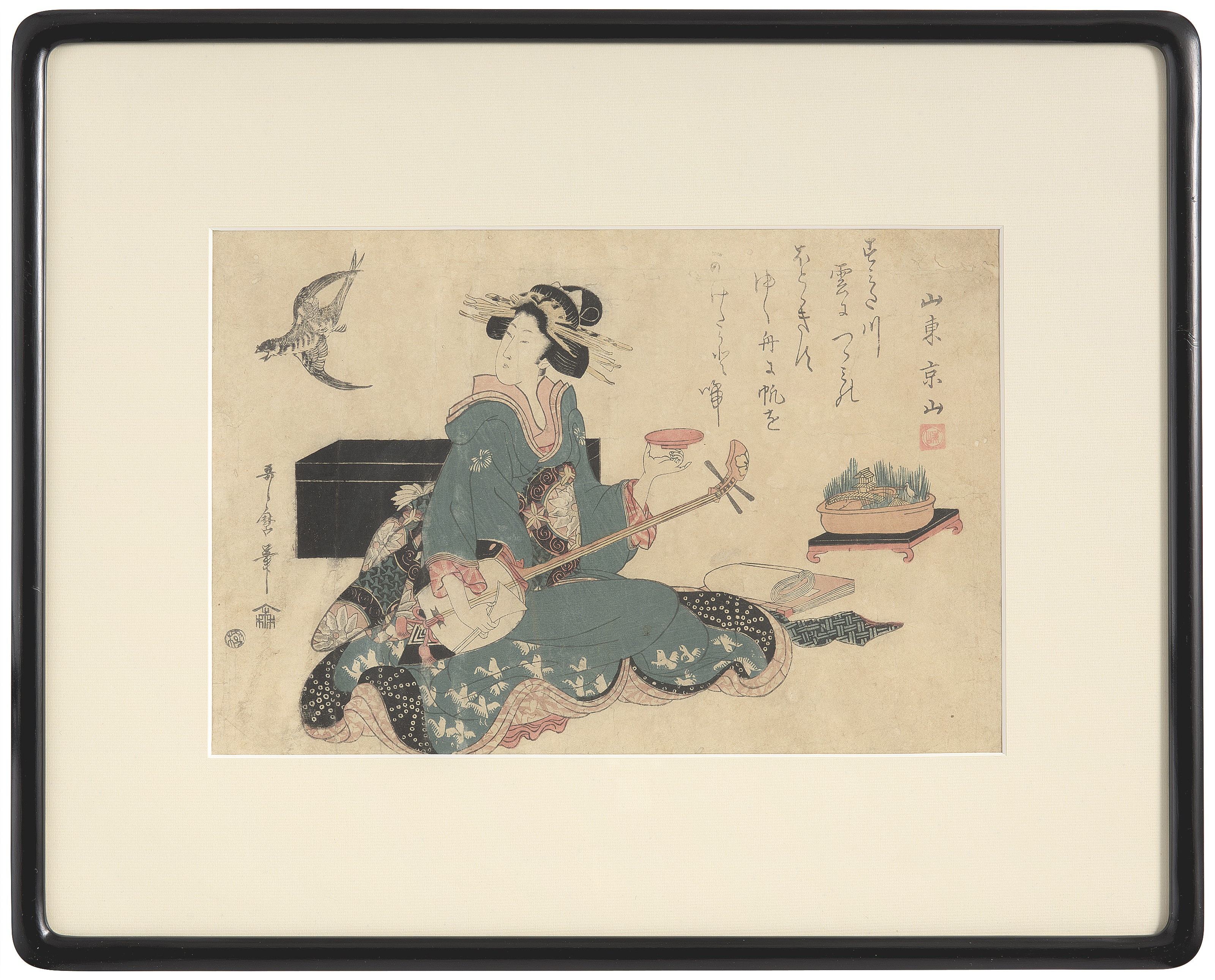 KITAGAWA UTAMARO (1754-1806), A seated beauty drinking sake and holding ...