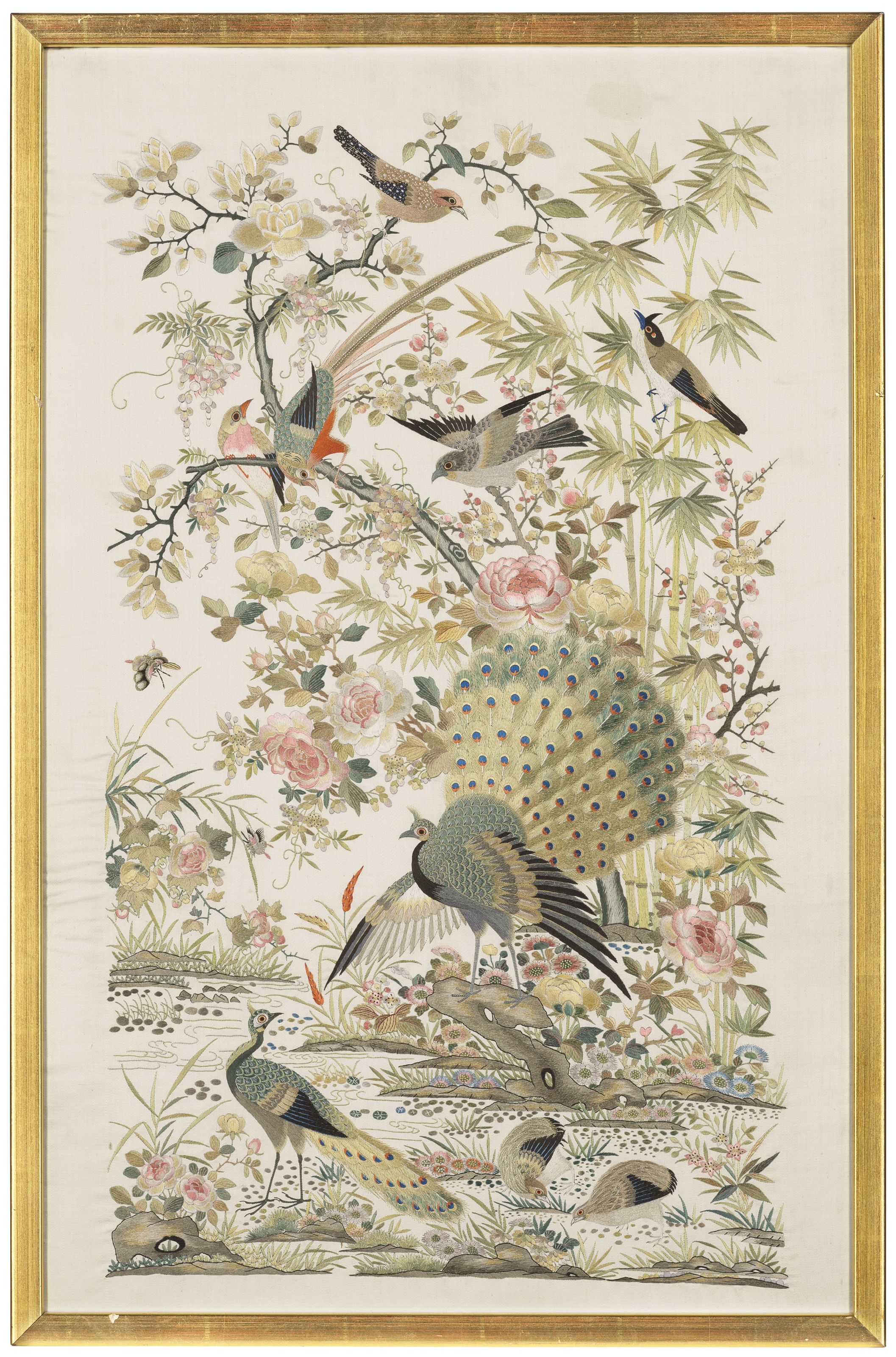 A CHINESE EMBROIDERED SILK 'HUNDRED BIRDS' PANEL, 19TH CENTURY | Christie’s