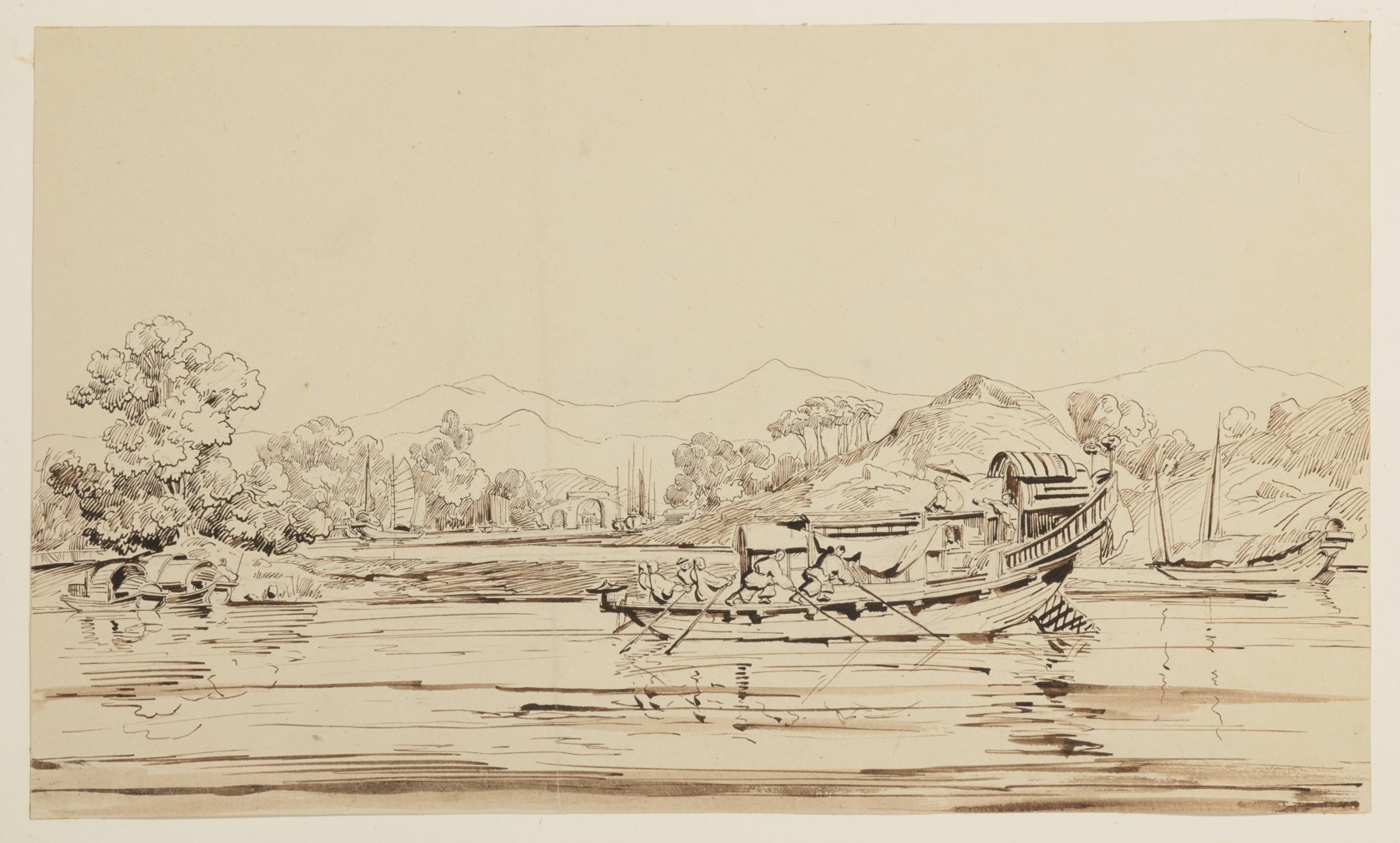 AUGUSTE BORGET (ISSOUDUN 1808-1877 BOURGES), Joncque sur un fleuve ...