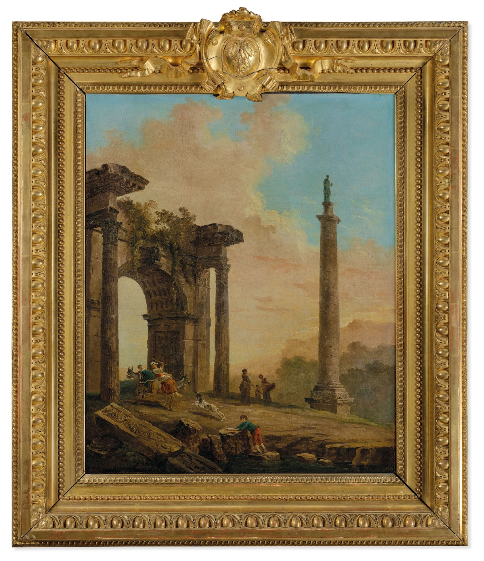 HUBERT ROBERT (PARIS 1733-1808), Personnages près d'une colonne antique ...