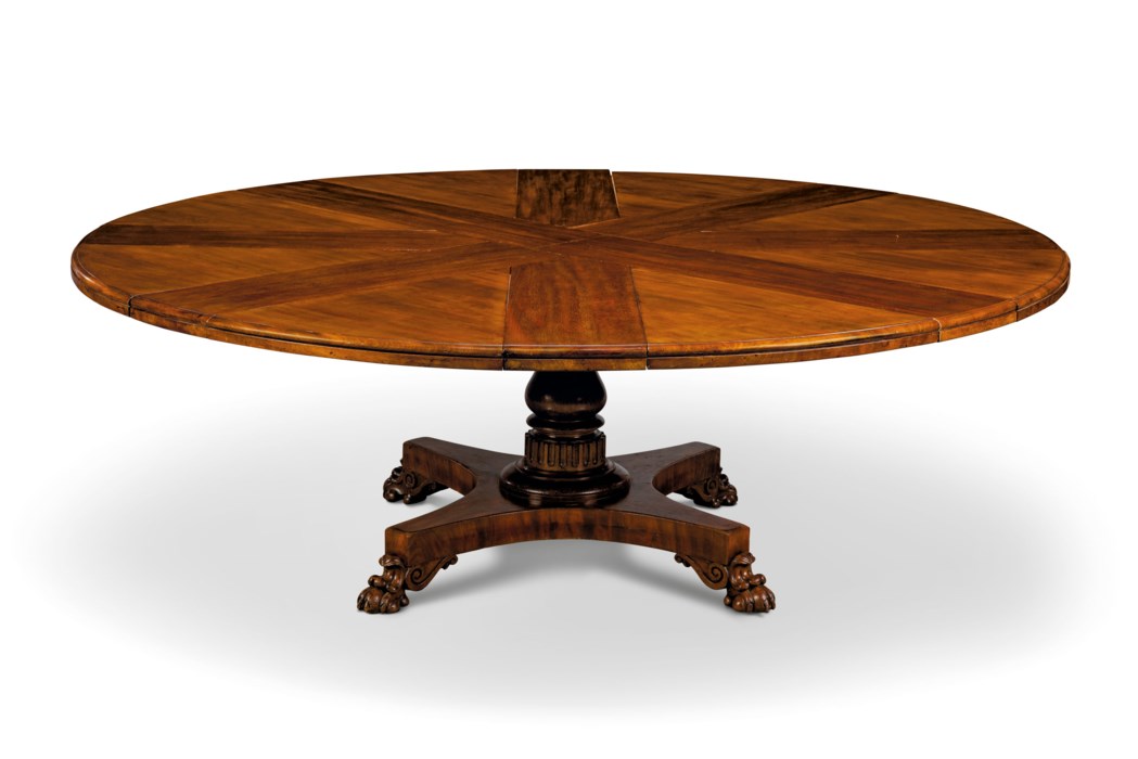 AN EARLY VICTORIAN MAHOGANY 'JUPE' CIRCULAR EXTENDING DINING-TABLE, BY ...