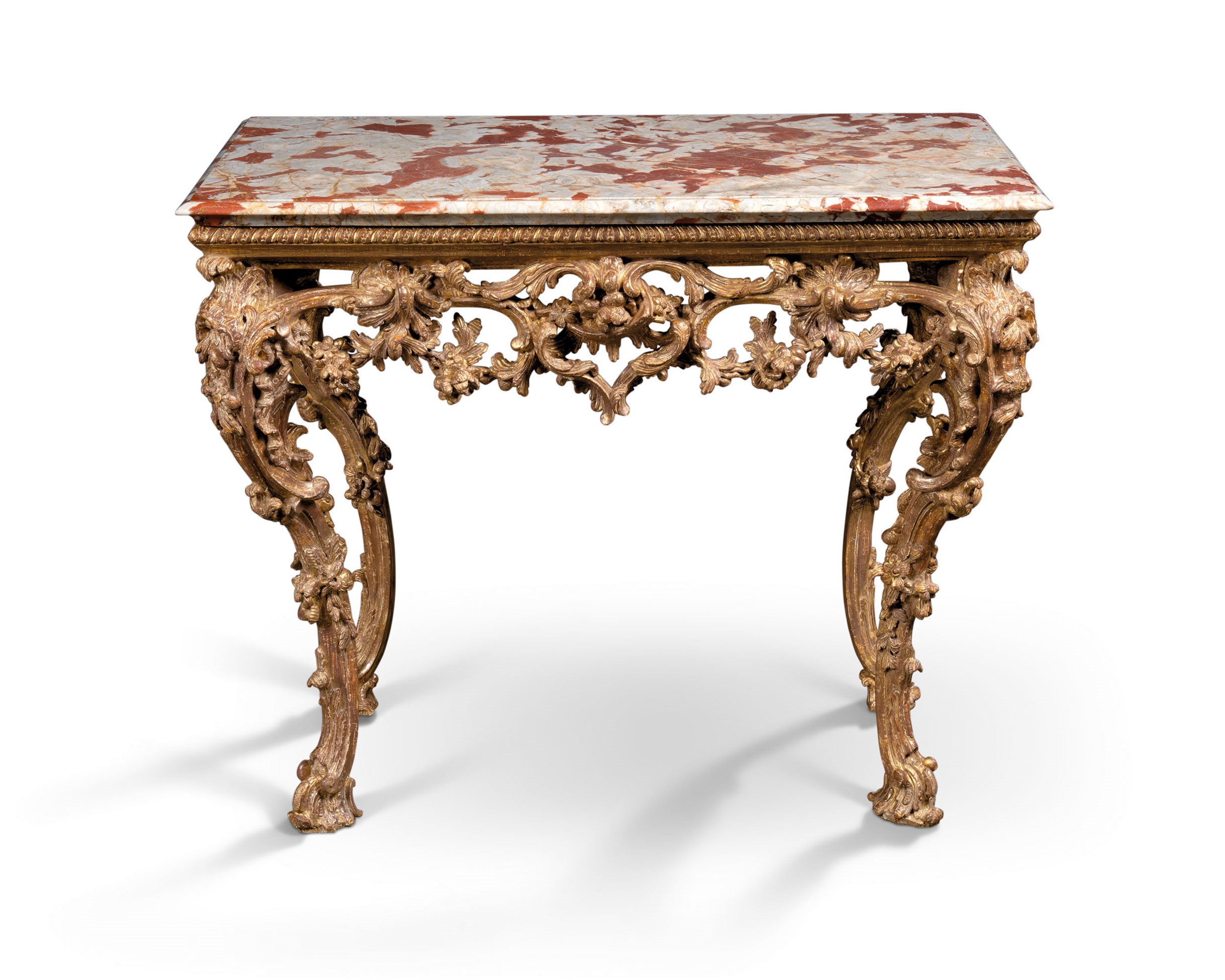 A GEORGE II CARVED GILTWOOD SIDE TABLE, CIRCA 1745, IN THE MANNER OF ...