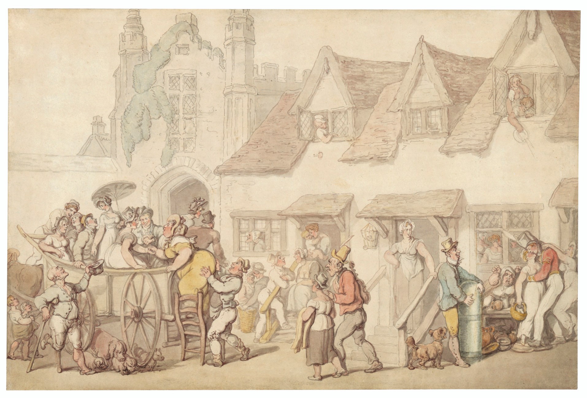 THOMAS ROWLANDSON (LONDON 1756-1827), Figures outside a coaching inn ...