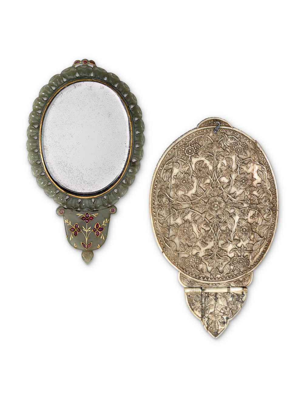 A GEM-SET CARVED JADE MIRROR AND ORIGINAL IVORY CASE, NORTH INDIA, LATE ...