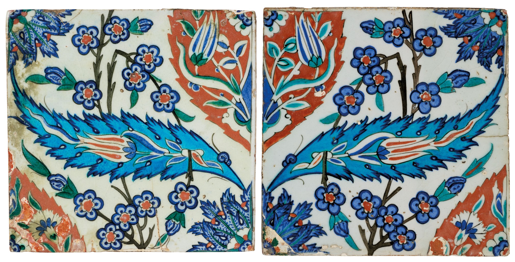 A PAIR OF IZNIK POTTERY TILES, OTTOMAN TURKEY, CIRCA 1570 | Christie's