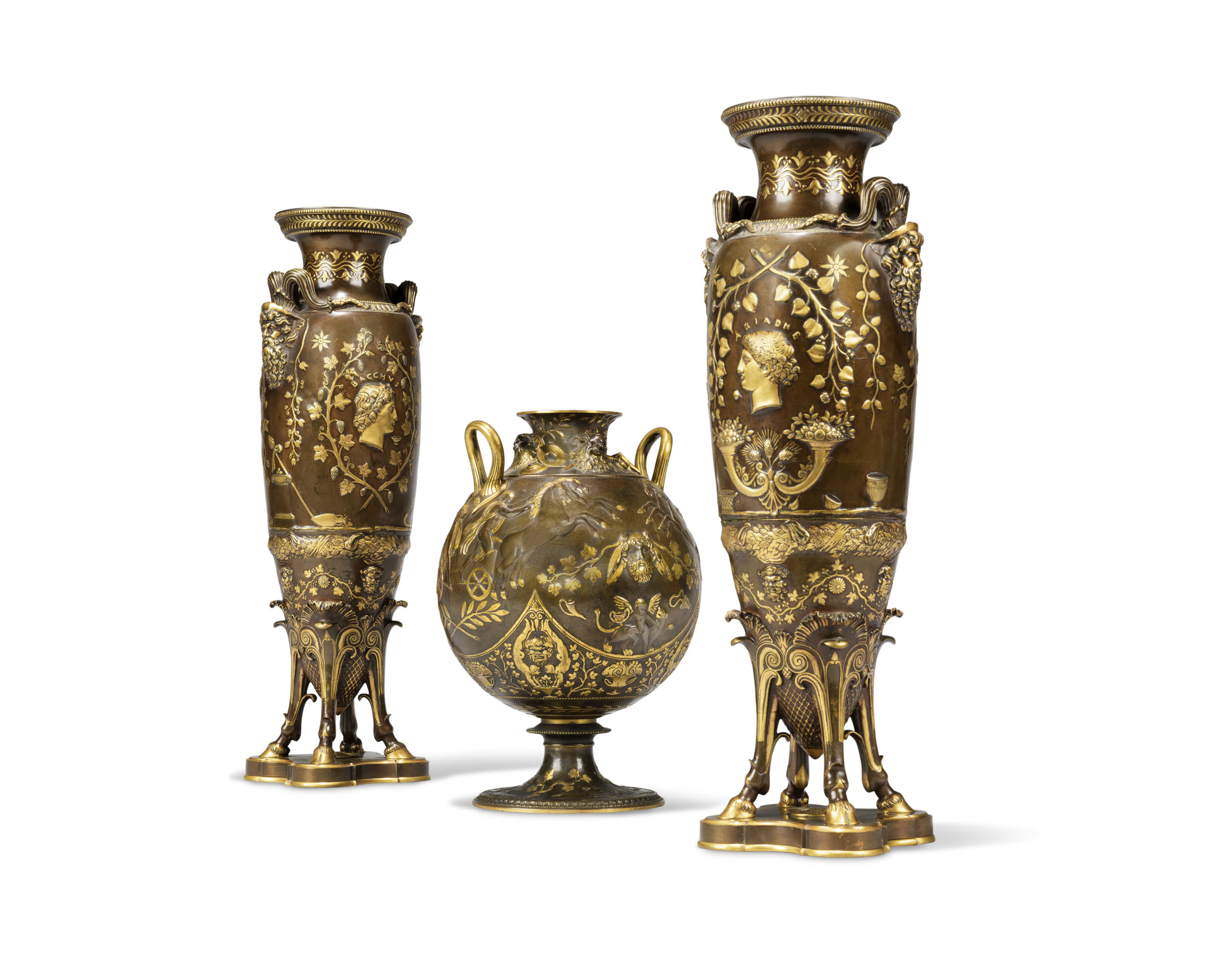 THREE FRENCH 'NEO-GREC' GILT AND PATINATED-BRONZE VASES, CAST BY ...