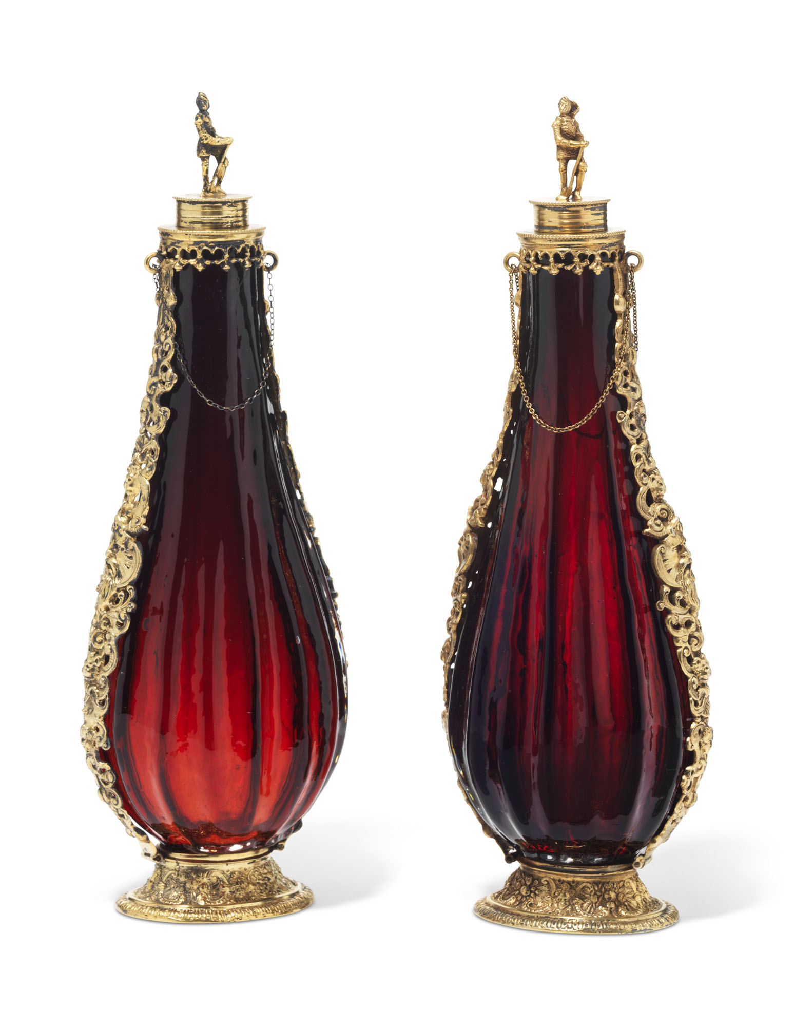 A PAIR OF GERMAN SILVER-GILT MOUNTED RUBY-GLASS BOTTLES, HANAU, CIRCA ...