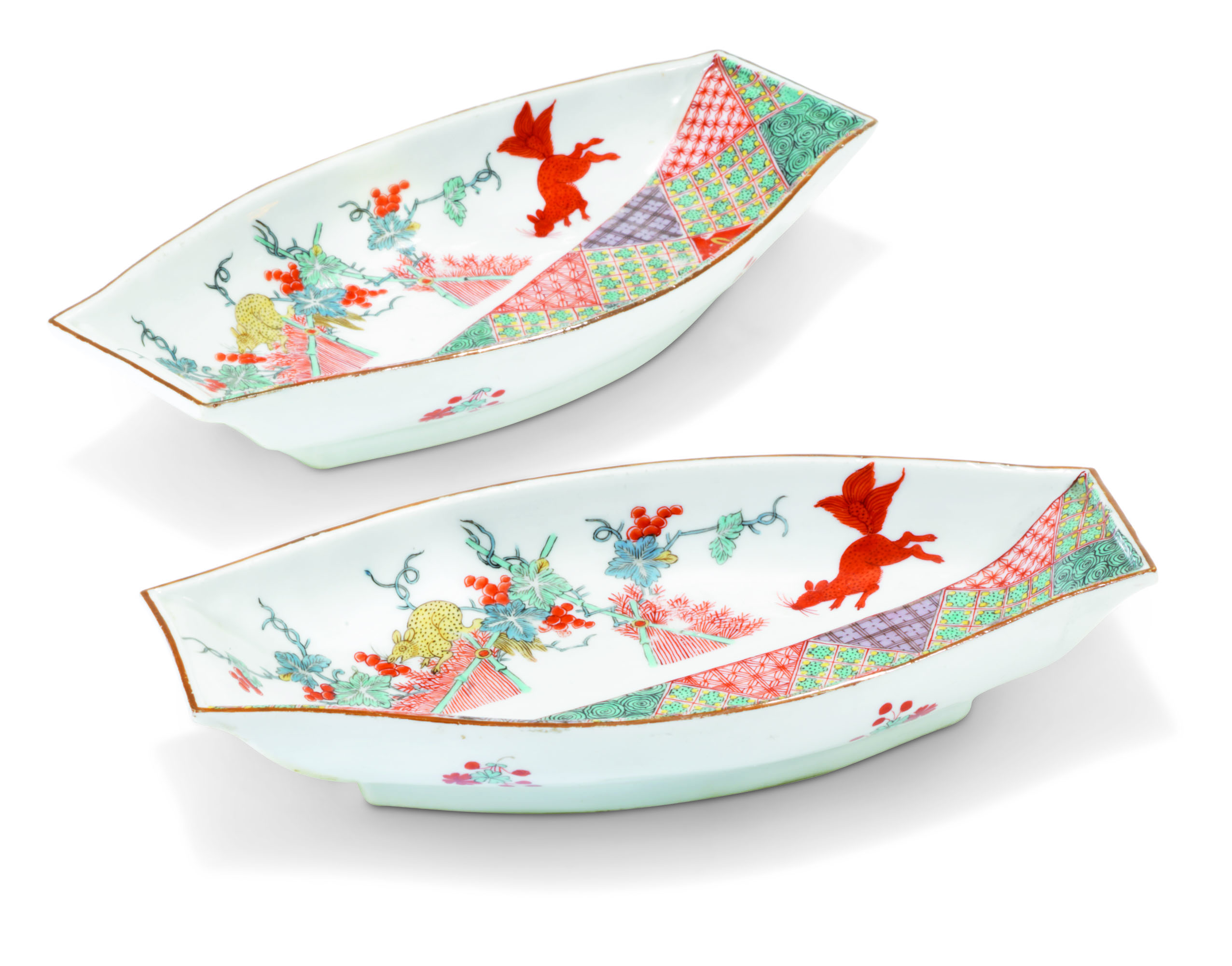 TWO MEISSEN PORCELAIN BROCADE-PATTERN KAKIEMON AND IMARI PUNT-SHAPED ...