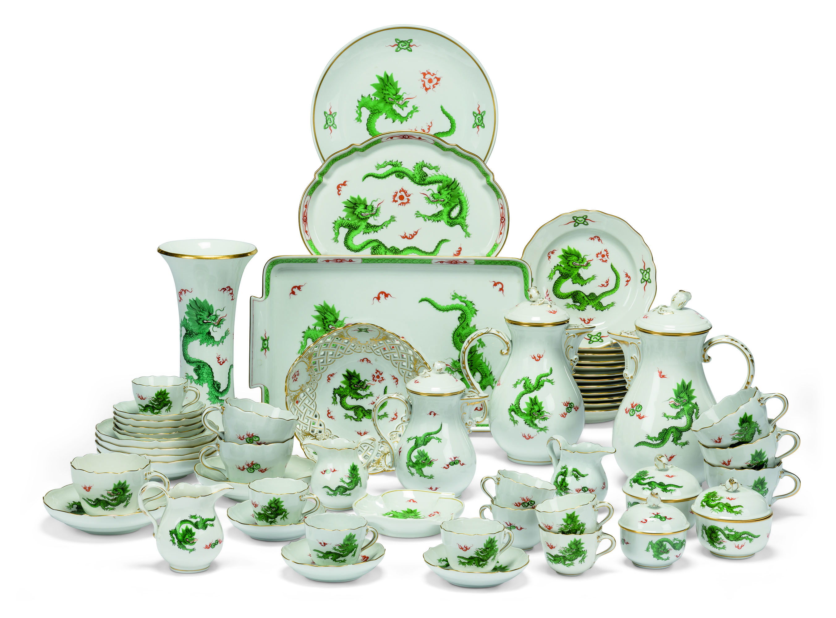 A MEISSEN GREEN 'MING DRAGON' PATTERN PART DINNER-SERVICE, 20TH CENTURY ...