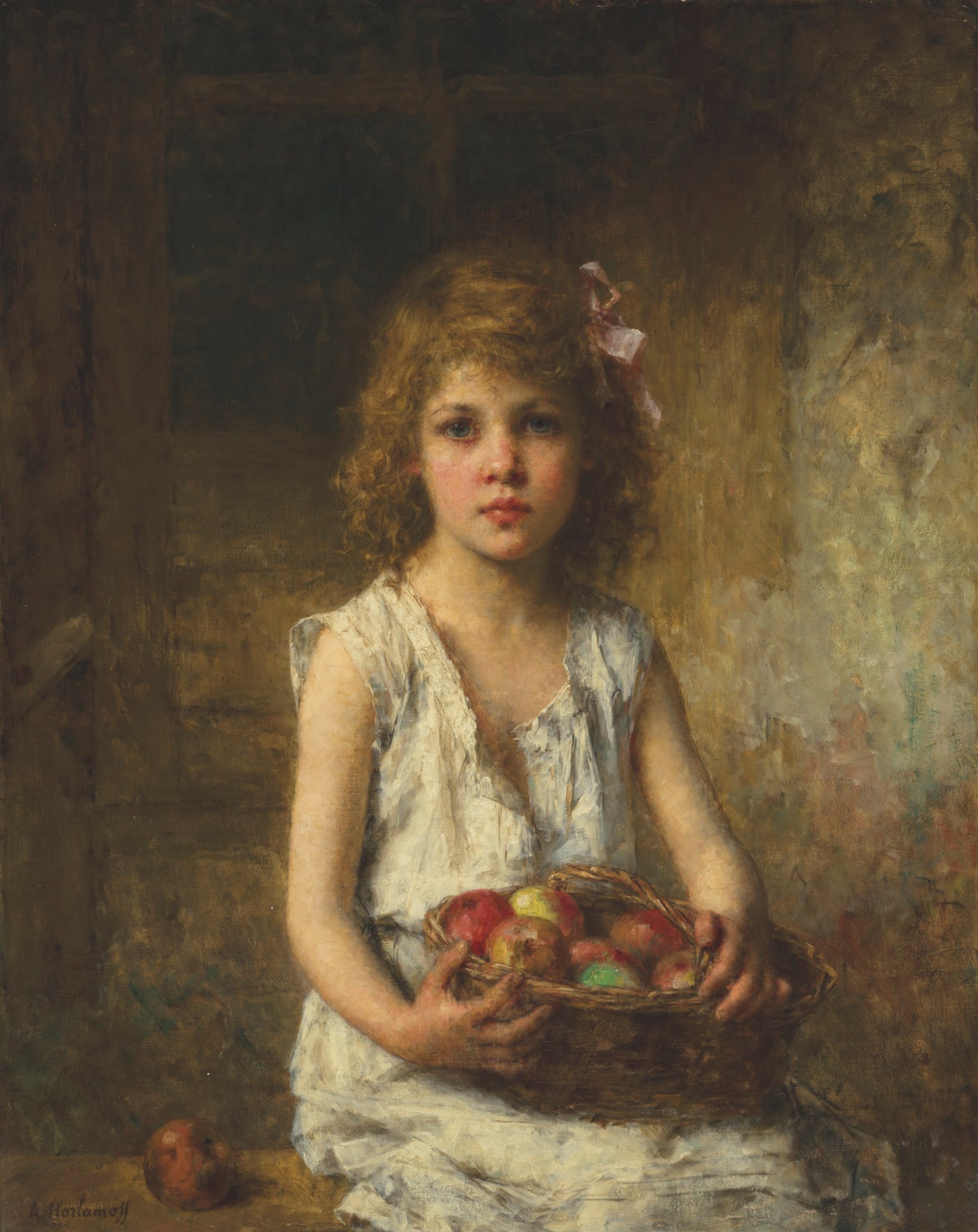 ALEKSEI HARLAMOFF (1840-1925), Young girl with a basket of apples ...