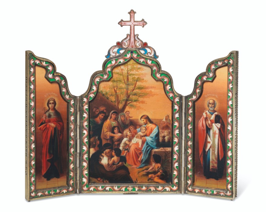 AN IMPORTANT CLOISONNÉ ENAMEL SILVER-GILT TRIPTYCH ICON