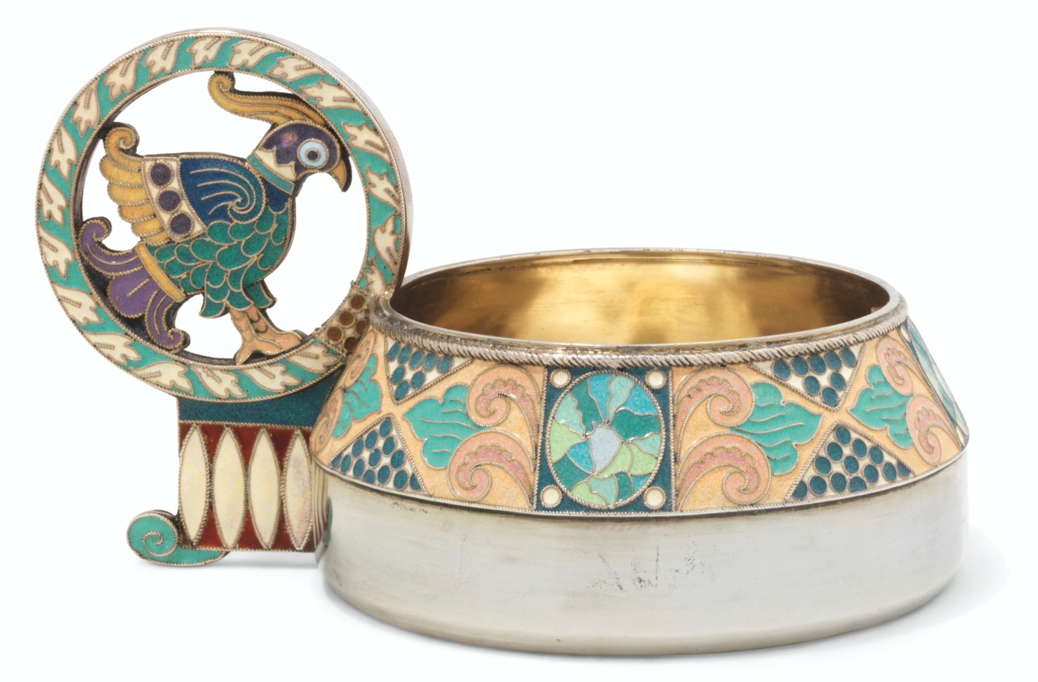 A CLOISONNÉ ENAMEL PARCEL-GILT SILVER KOVSH, MARKED P. OVCHINNIKOV WITH ...