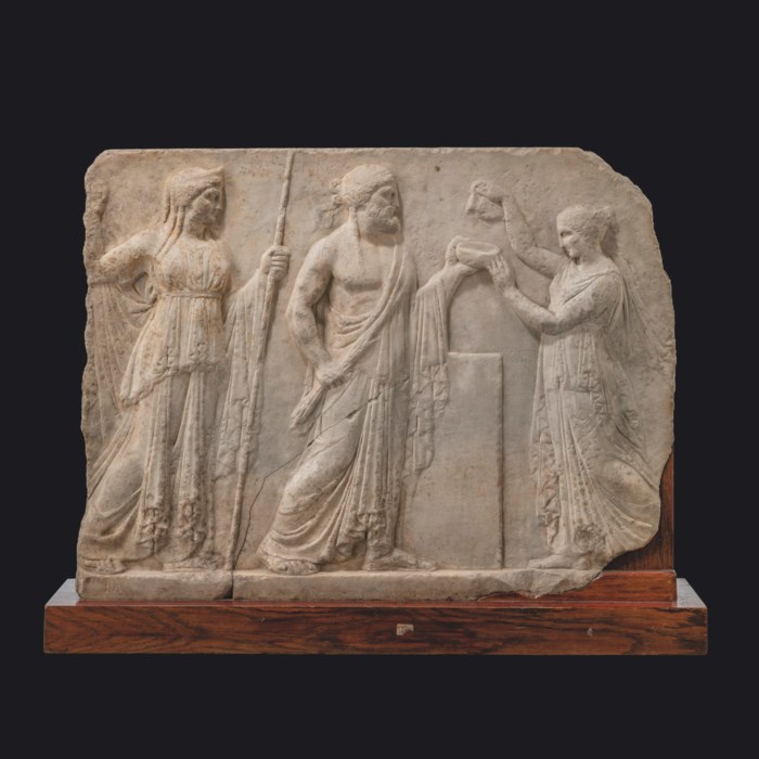 A ROMAN MARBLE ARCHAISTIC RELIEF PANEL, NEO-ATTIC, CIRCA LATE 1ST ...
