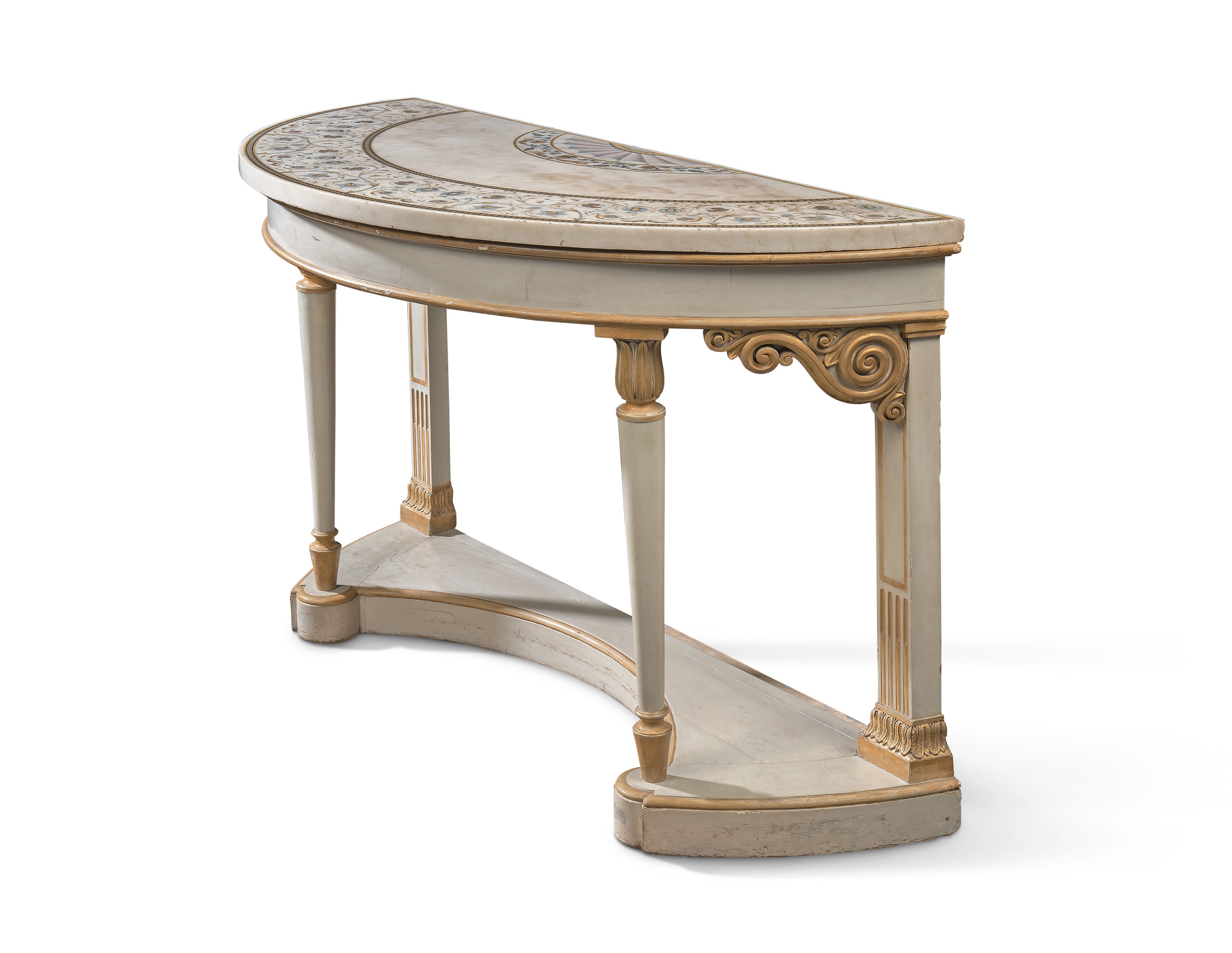 A GEORGE III SCAGLIOLA-INLAID MARBLE TABLE ON A REGENCY WHITE-PAINTED ...
