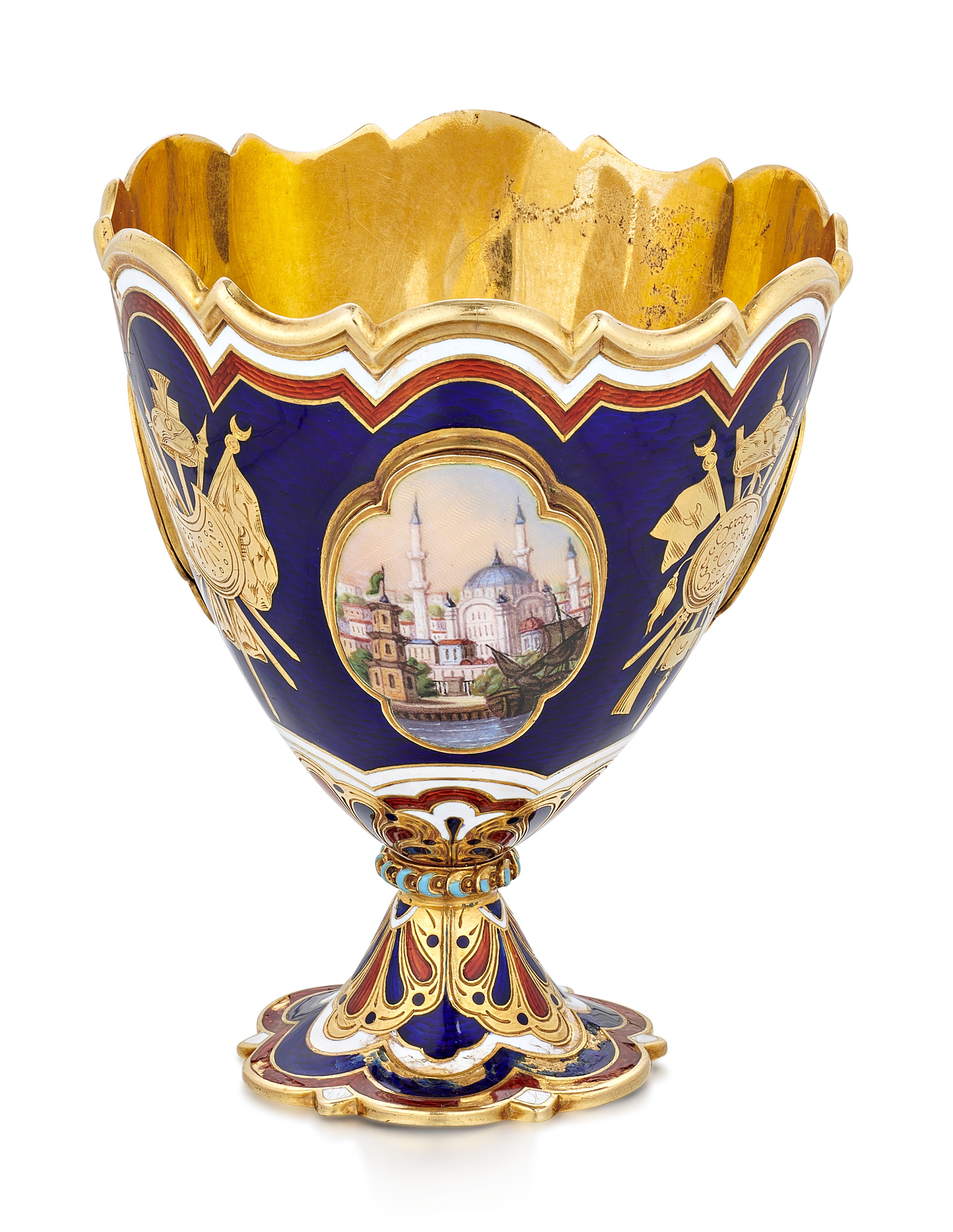 A SWISS ENAMELLED GOLD ZARF FOR THE TURKISH MARKET, GENEVA, CIRCA 1830 ...