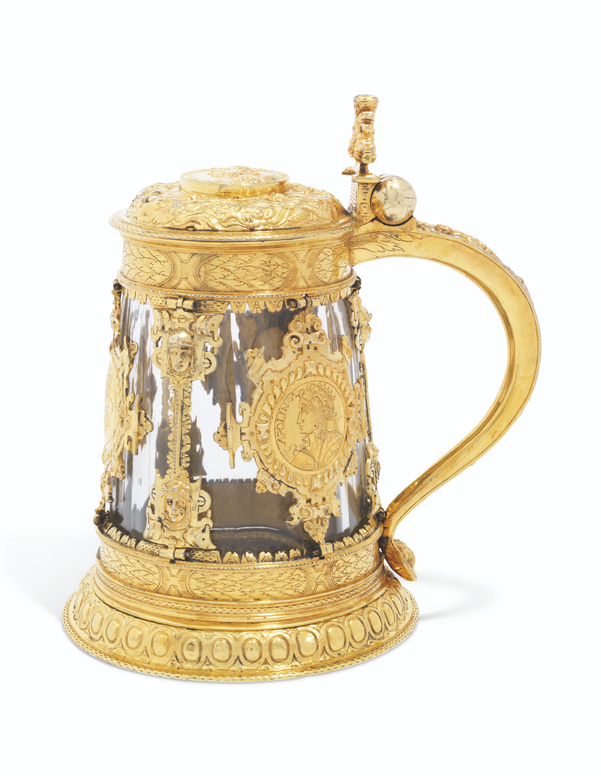 A CONTINENTAL SILVER-GILT AND GLASS TANKARD, APPARENTLY UNMARKED ...
