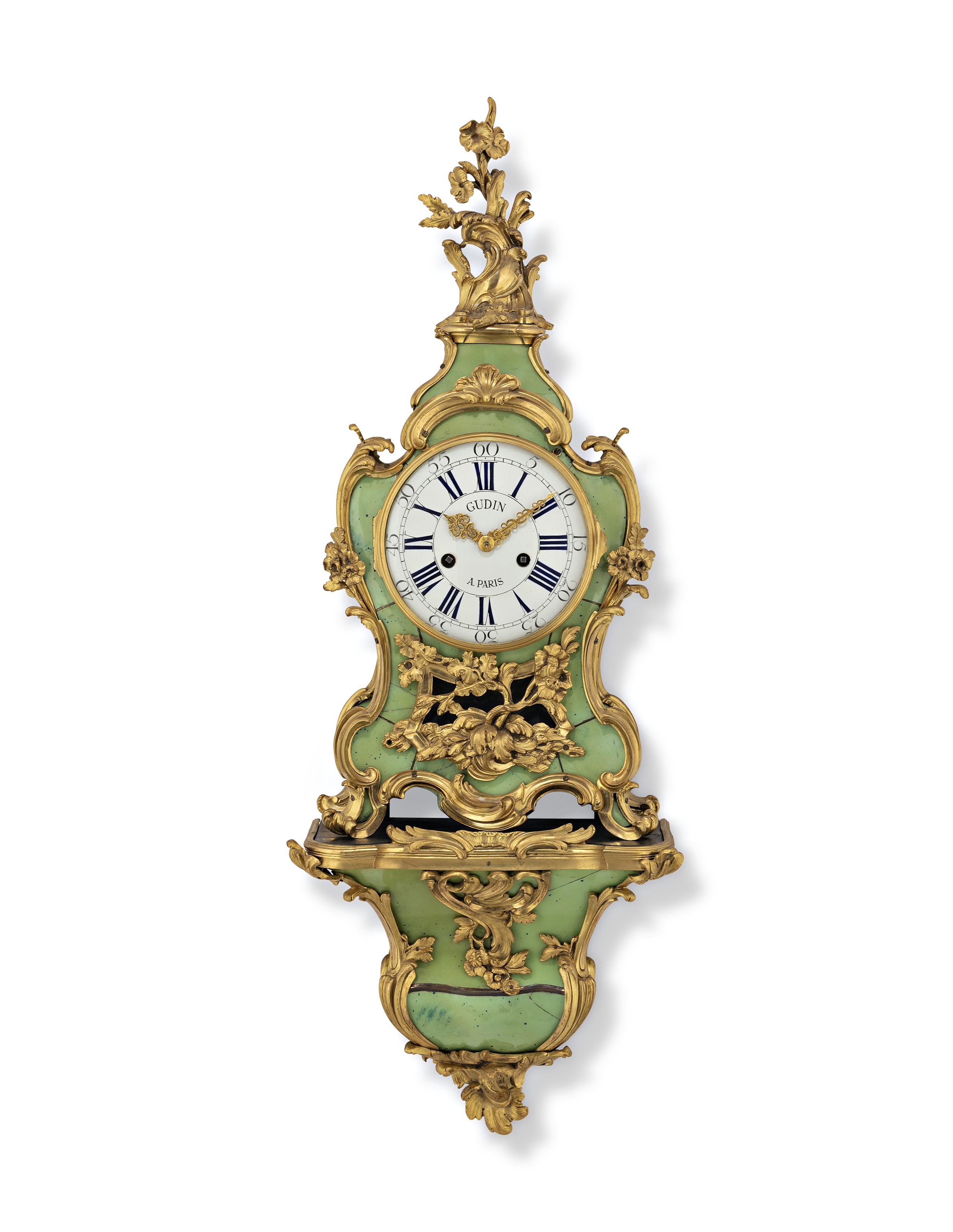 A LOUIS XV ORMOLU-MOUNTED GREEN STAINED-HORN CARTEL CLOCK, THE MOVEMENT ...