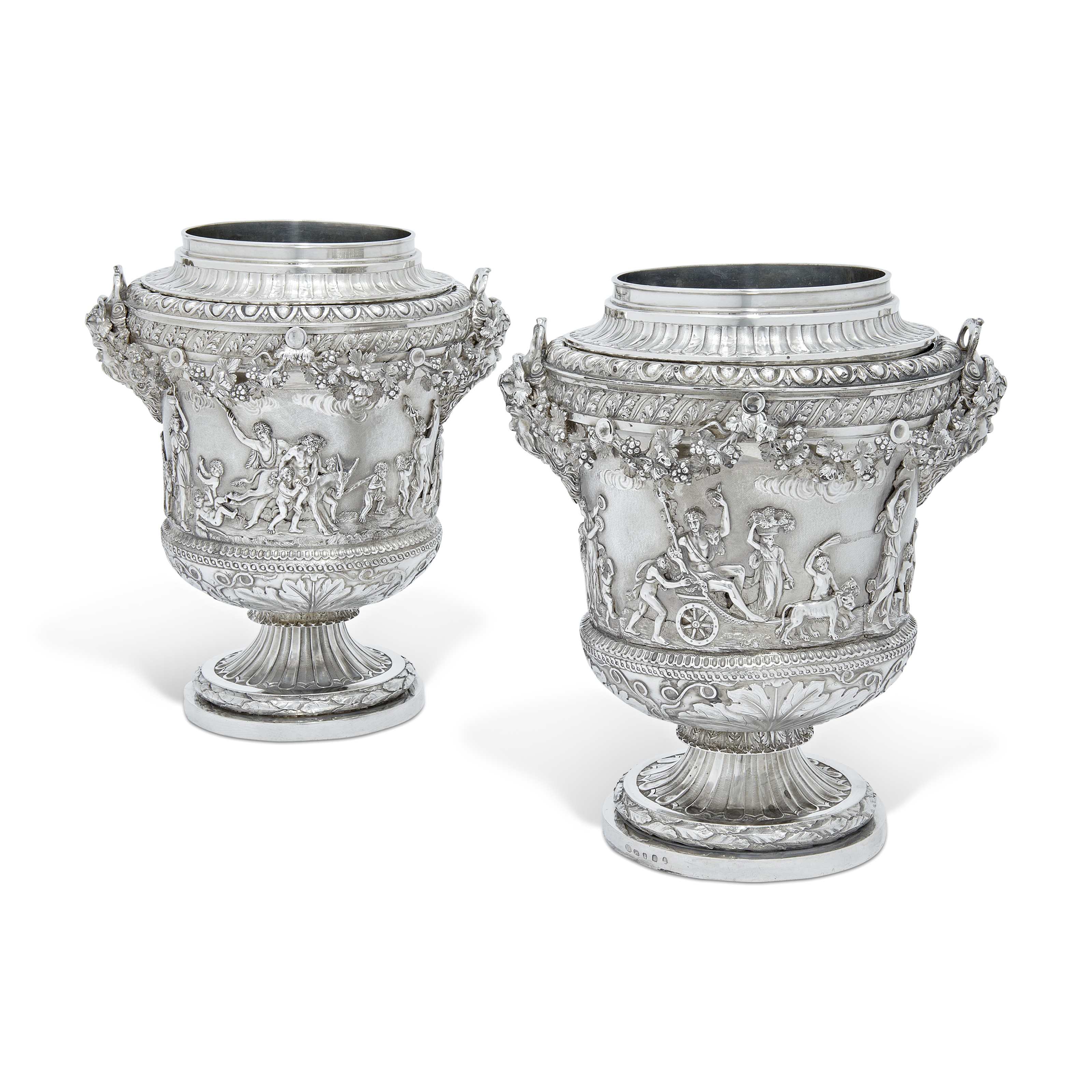 A PAIR OF GEORGE III SILVER WINE COOLERS, COLLARS AND LINERS, MARK OF ...