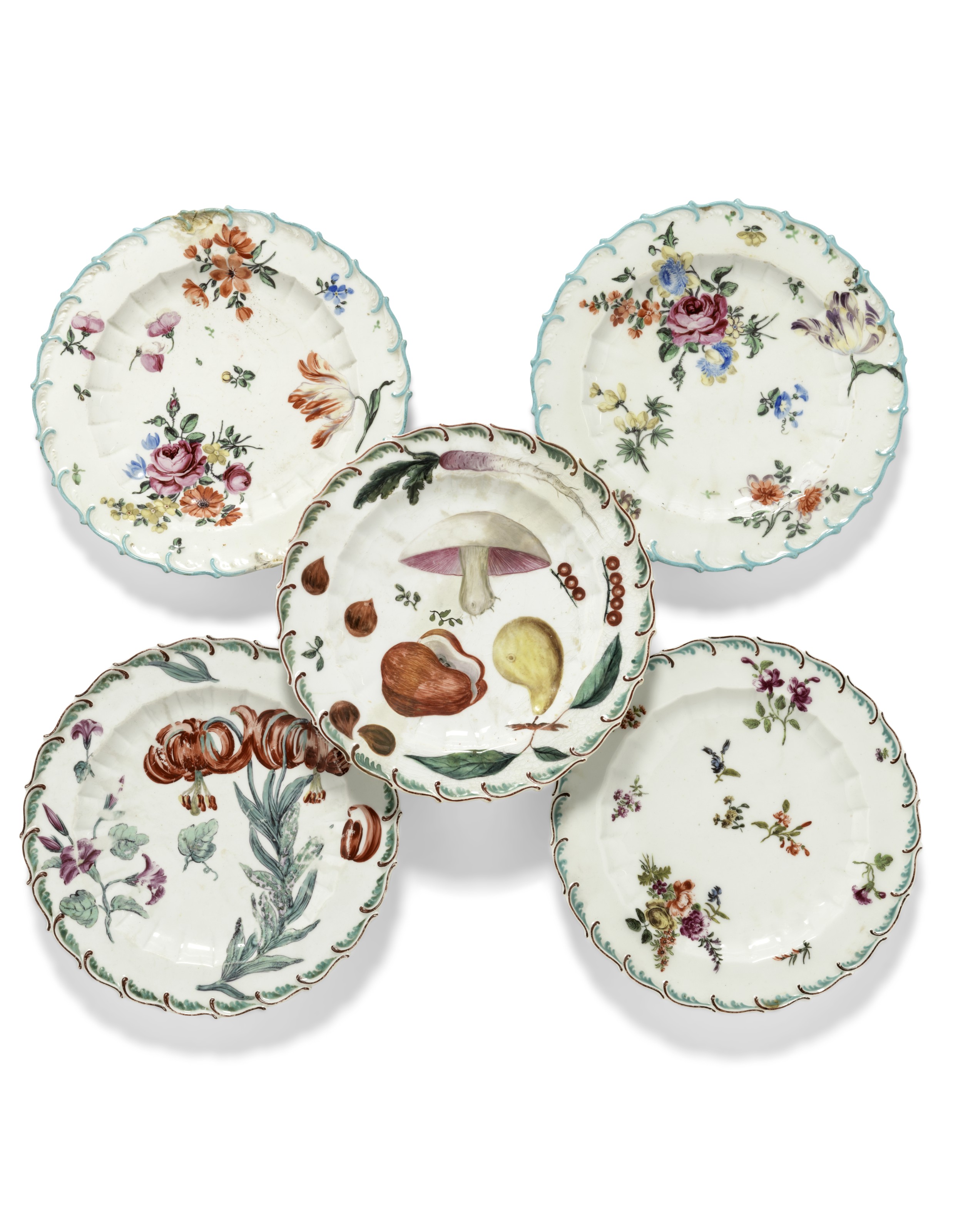FIVE CHELSEA PORCELAIN PLATES, CIRCA 1755, IRON-RED AND BROWN ANCHOR ...