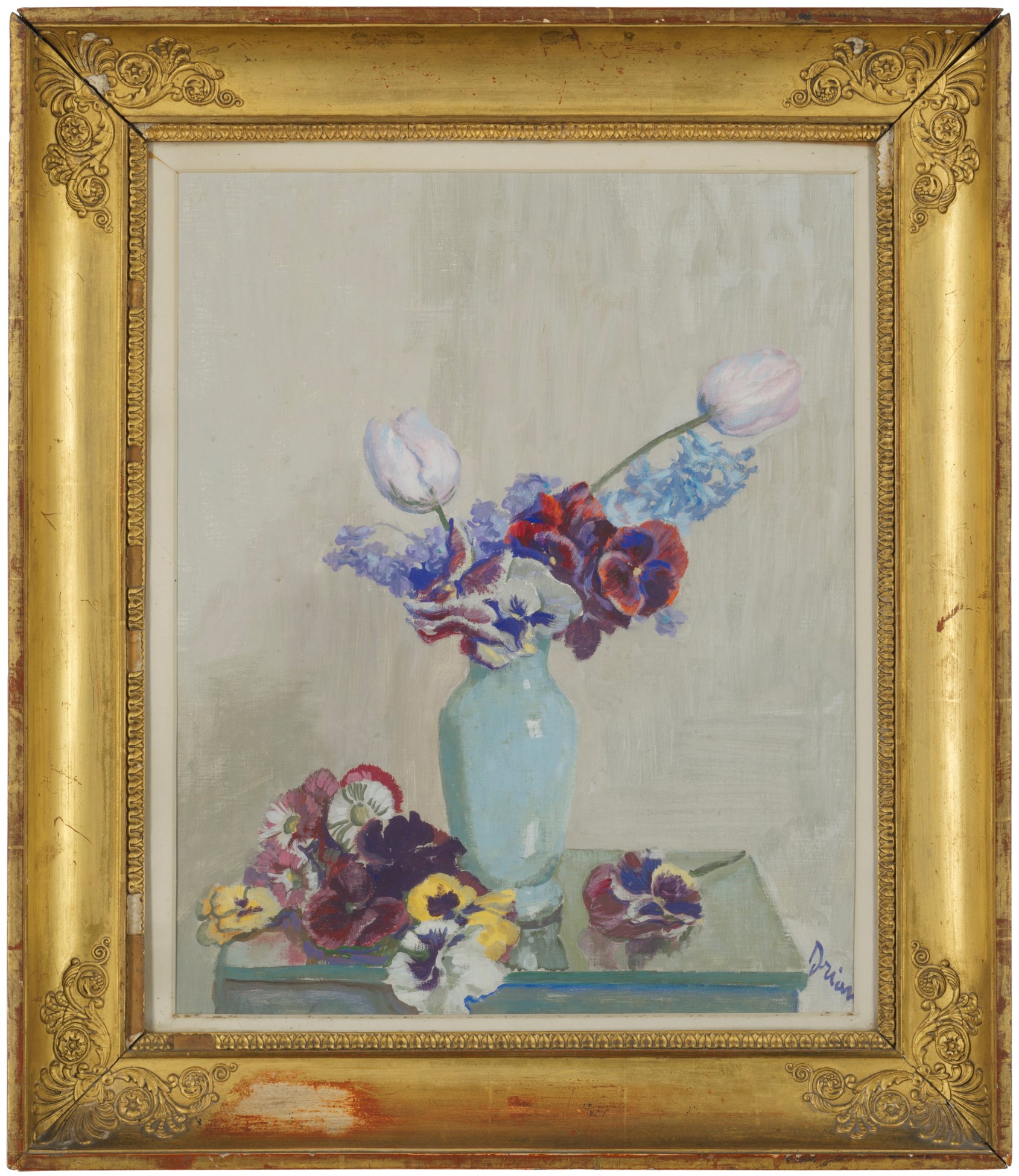 ETIENNE-ADRIEN DRIAN (1885-1961), Tulips and primulas in a blue vase on ...