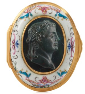 A GERMAN GOLD-MOUNTED ENAMEL AND HARDSTONE SNUFF-BOX, PROBABLY BERLIN ...
