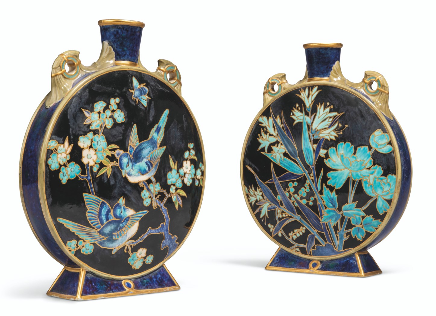 TWO MINTON'S ART POTTERY MOON FLASKS, CIRCA 1872, IMPRESSED FACTORY ...