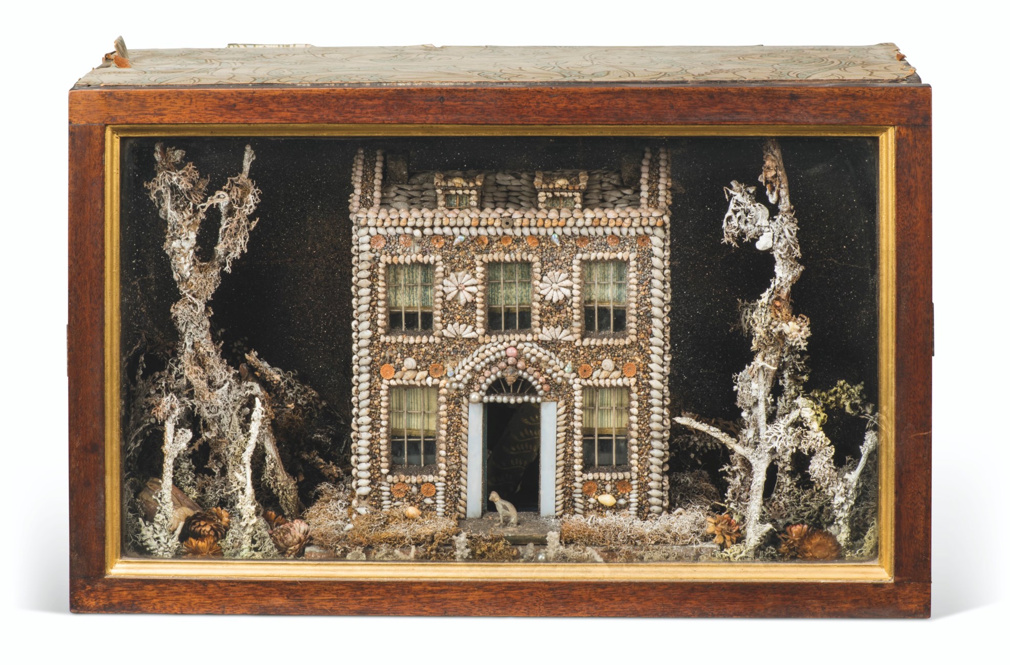 A VICTORIAN CASED SHELL DIORAMA DEPICTING A HOUSE IN A GARDEN, MID-19TH ...