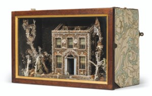 A VICTORIAN CASED SHELL DIORAMA DEPICTING A HOUSE IN A GARDEN, MID-19TH ...