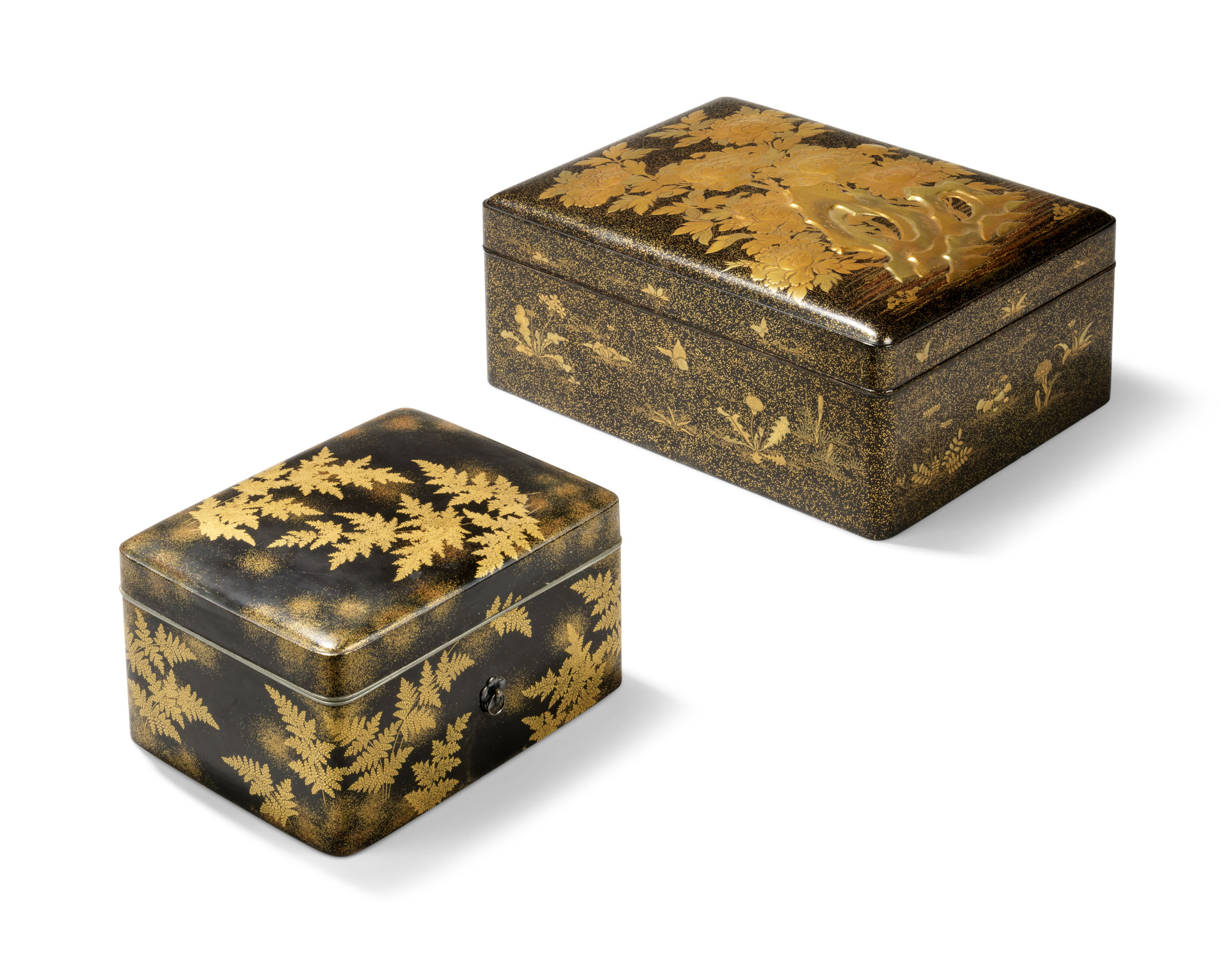 TWO JAPANESE GOLD AND BLACK LACQUER BOXES, MEIJI PERIOD (1868-1912 ...
