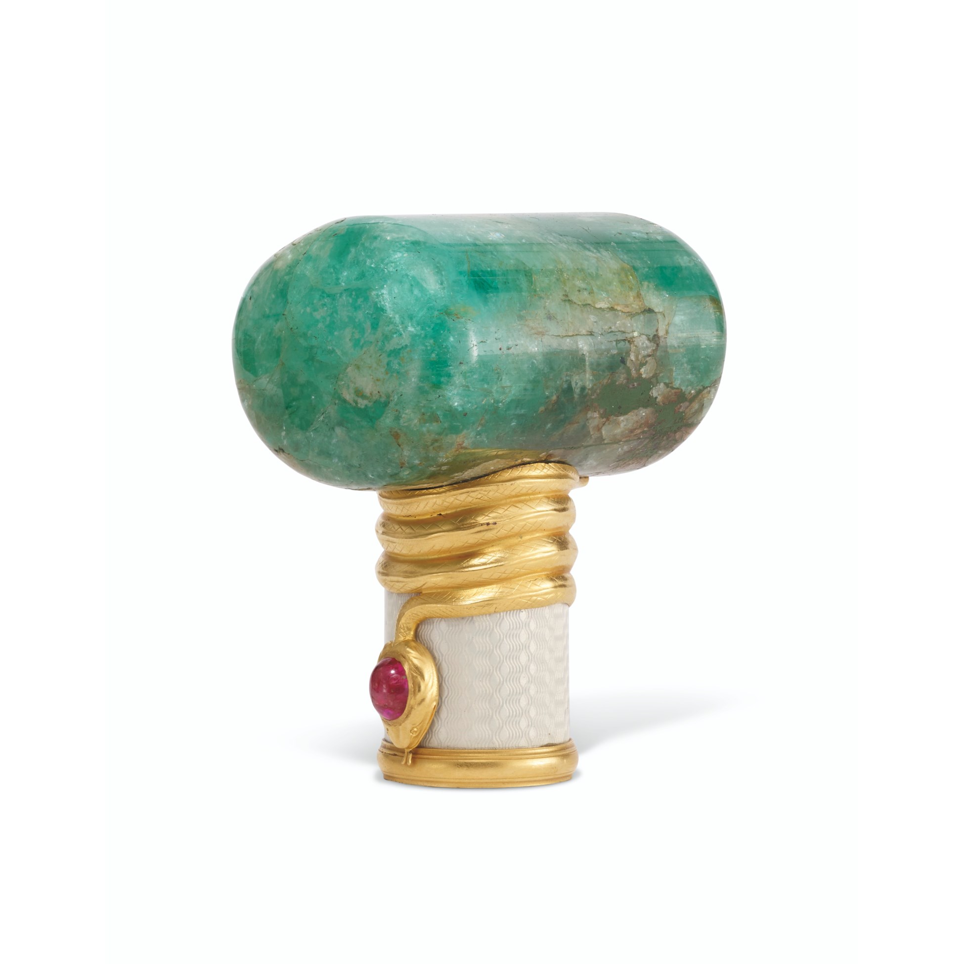 A JEWELLED AND GUILLOCHÉ ENAMEL GOLD-MOUNTED EMERALD CANE HANDLE, BY ...