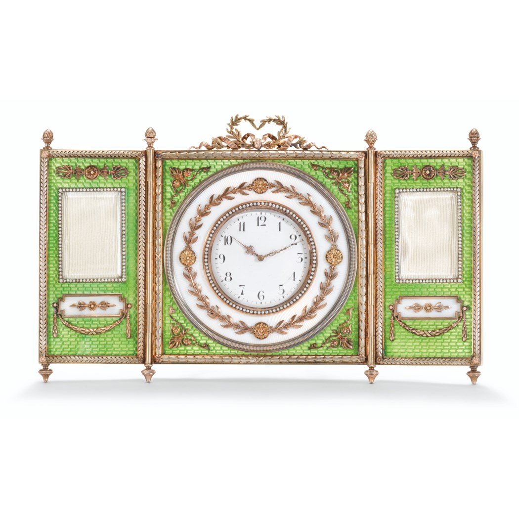 A JEWELLED AND GUILLOCHÉ ENAMEL SILVER-GILT TRIPTYCH CLOCK AND FRAME ...