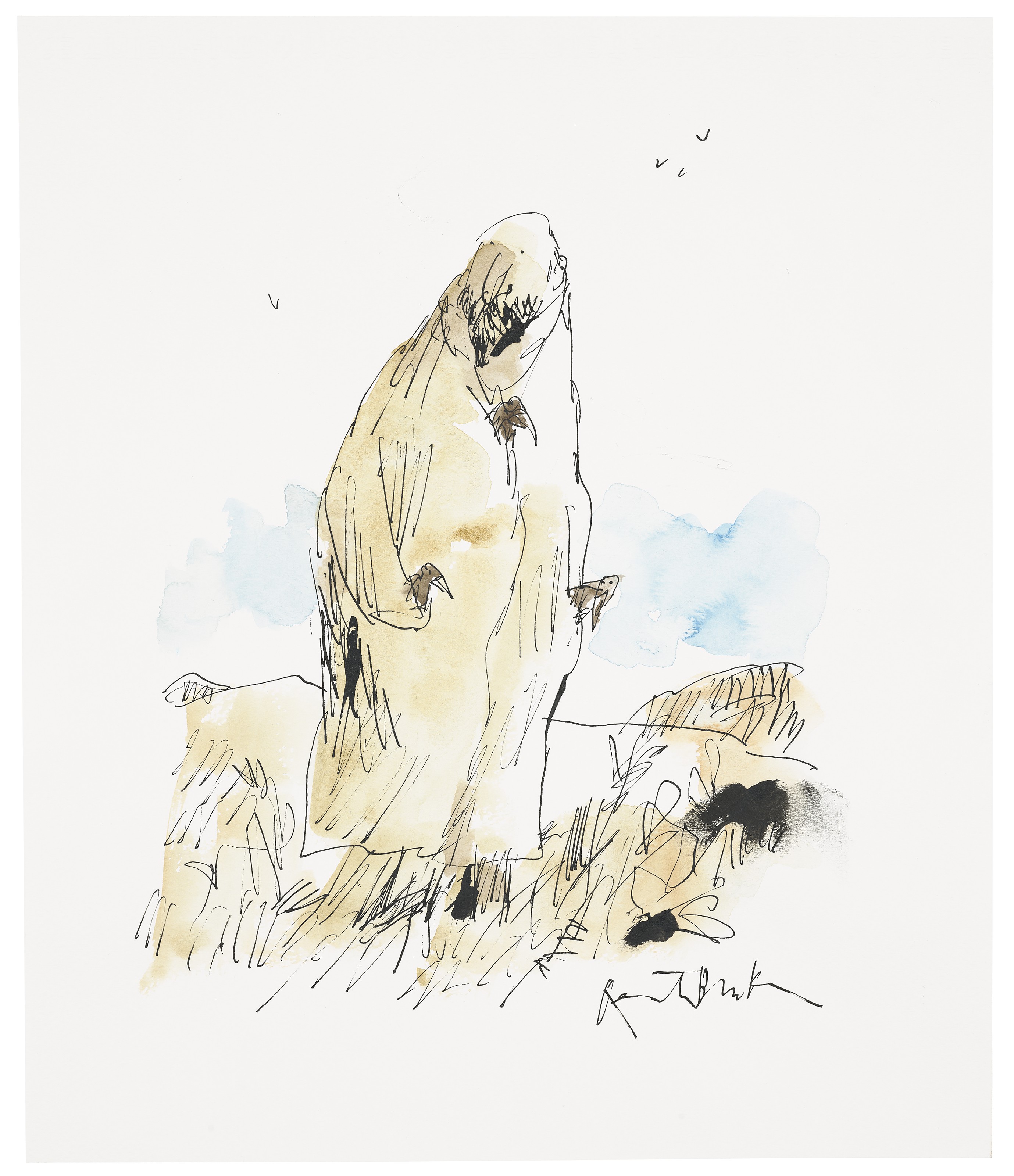 QUENTIN BLAKE (b.1932), Man in a long overcoat with birds in his ...