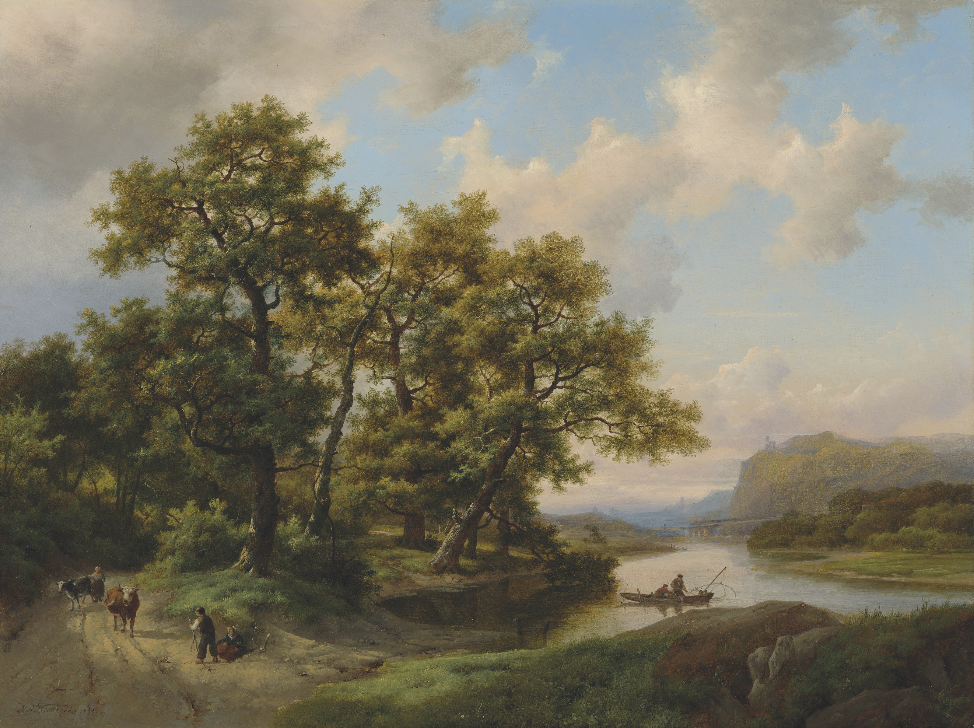 MARINUS ADRIANUS KOEKKOEK (DUTCH, 1807–1870), Boats on a lake - Summer ...