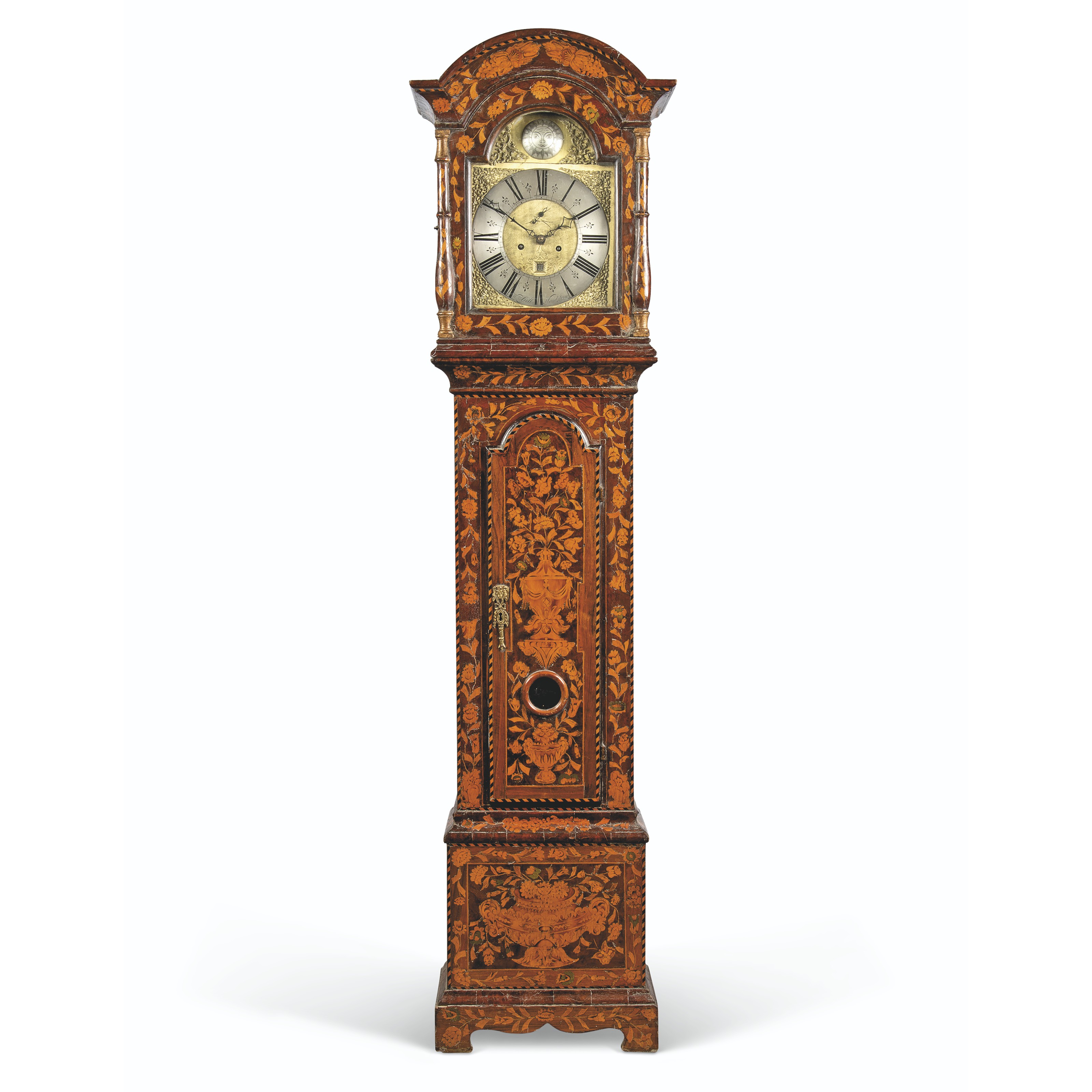 A DUTCH WALNUT AND MARQUETRY STRIKING LONGCASE CLOCK, WITH ASSOCIATED ...