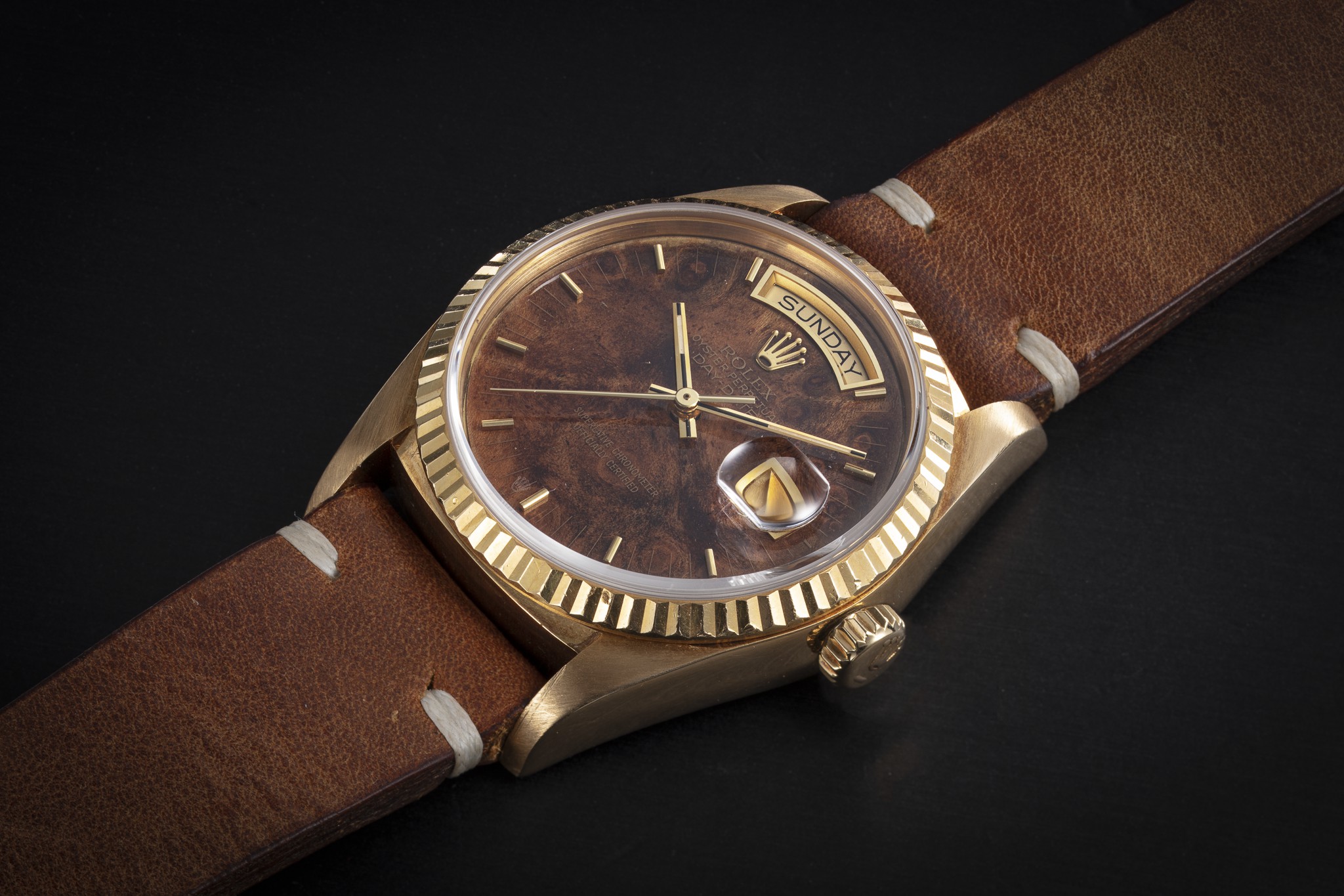 ROLEX, DAY-DATE REF. 18038, A GOLD AUTOMATIC WRISTWATCH WITH WOOD DIAL ...