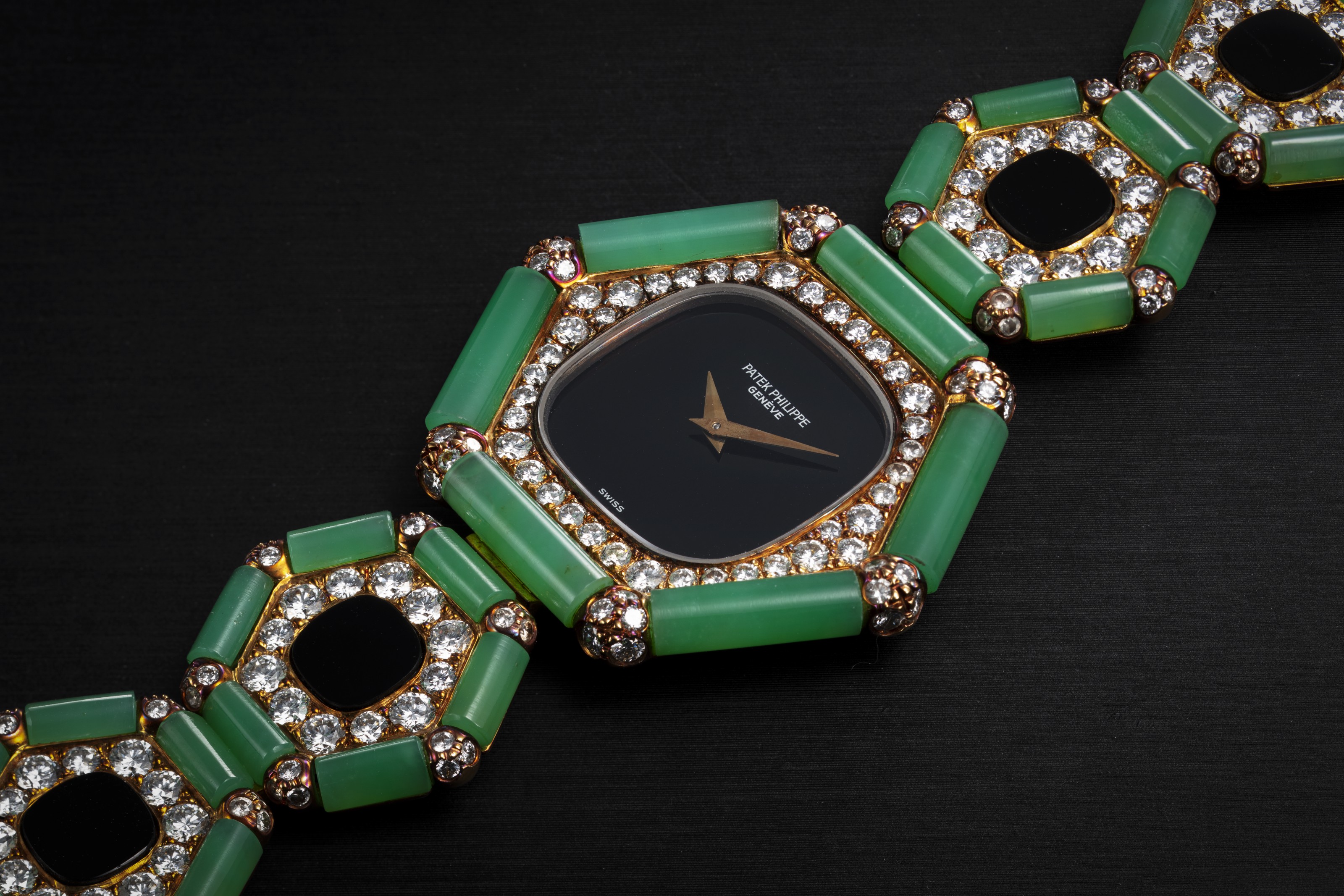 PATEK PHILIPPE REF. 4364, A YELLOW GOLD DIAMOND ONYX & CHRYSOPRASE ...