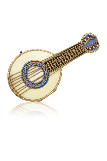 SWISS. A SMALL AND ATTRACTIVE 18K GOLD AND ENAMEL MANDOLIN FORM WATCH ...