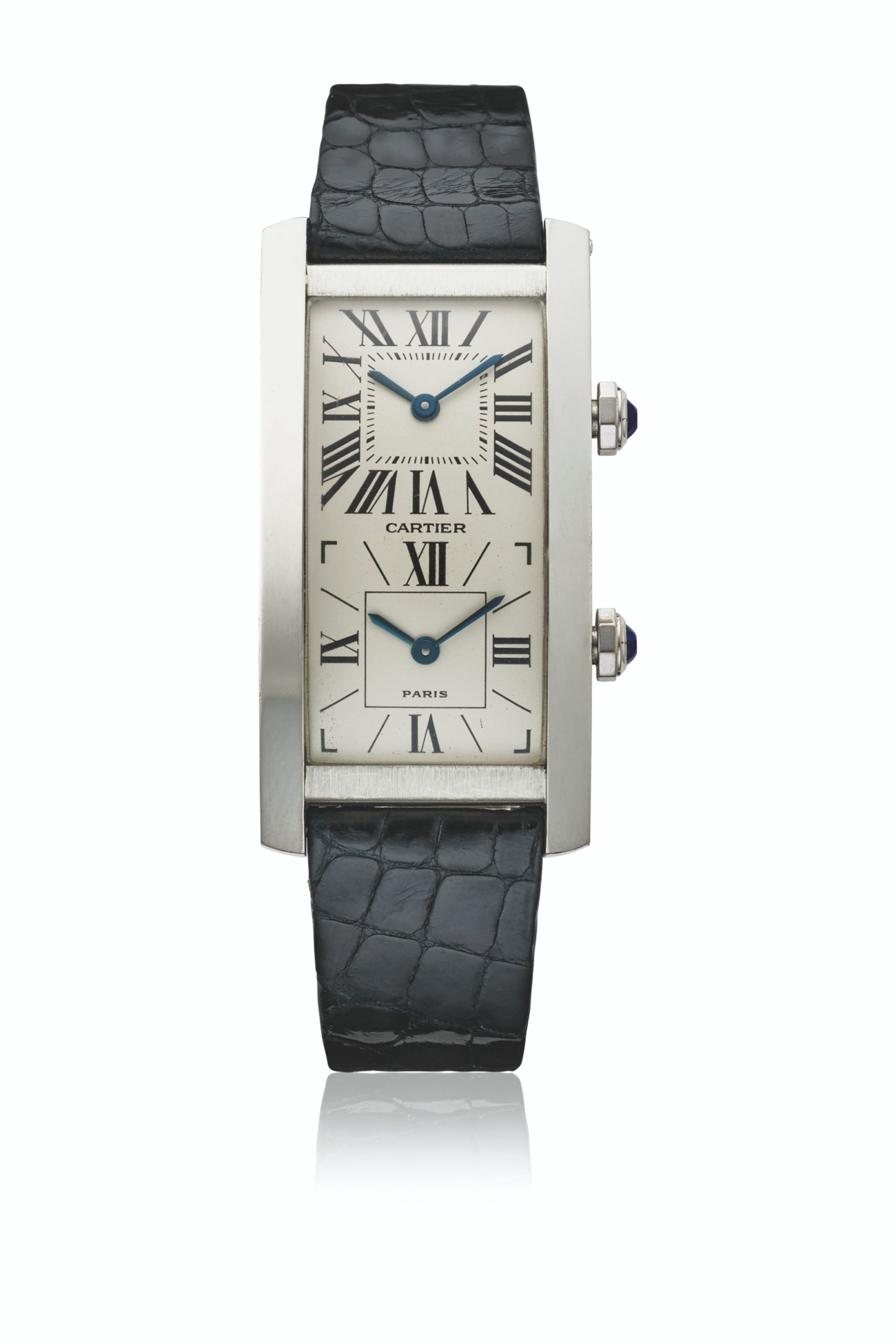 CARTIER. A RARE AND UNUSUAL PLATINUM DUAL TIME RECTANGULAR CURVED ...