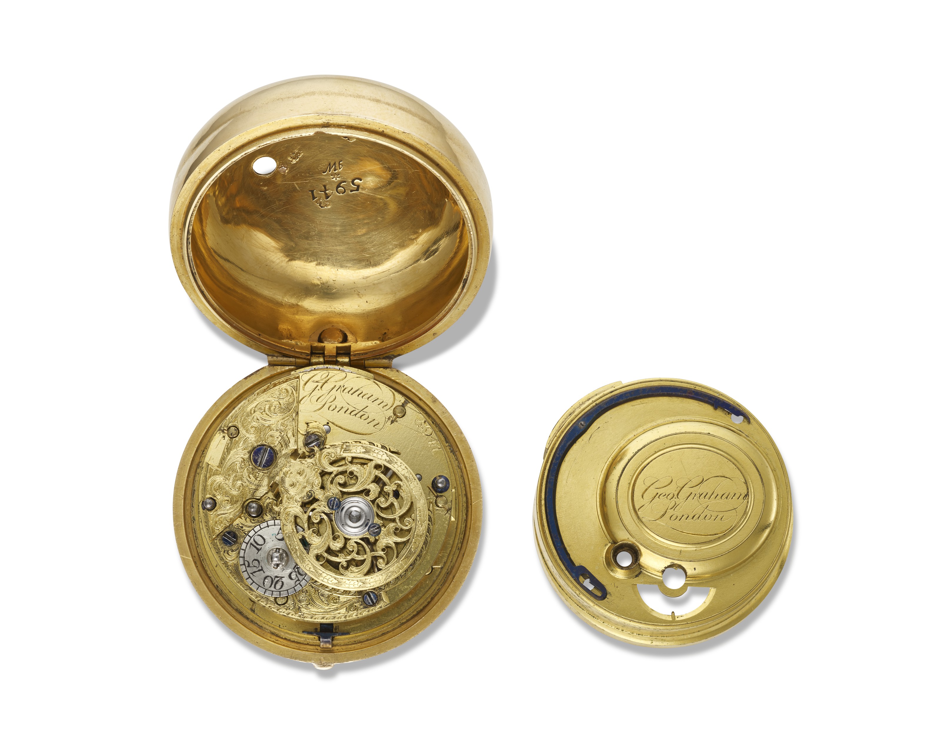 GEORGE GRAHAM, 18K GOLD OPENFACE PAIR CASED KEYWOUND CYLINDER WATCH, NO ...