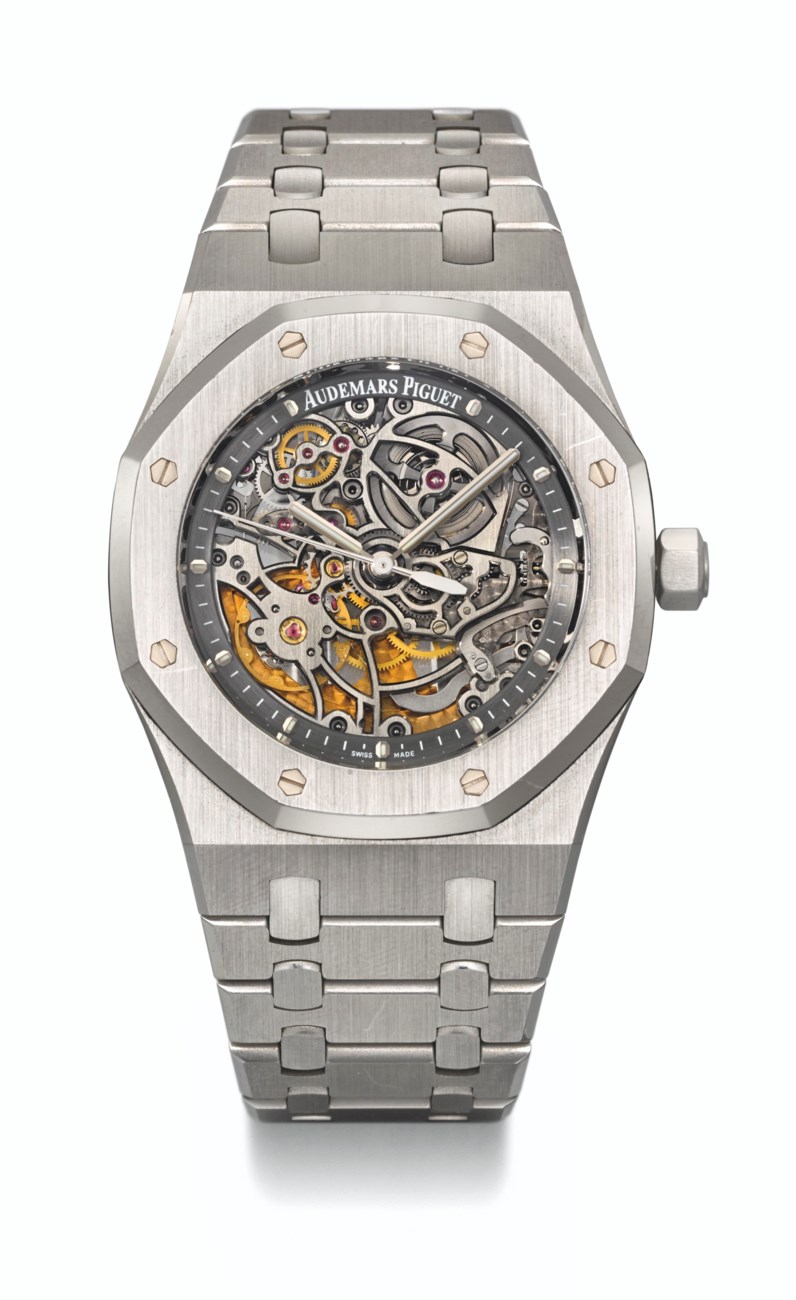 AUDEMARS PIGUET. A VERY RARE STAINLESS STEEL SKELETONIZED AUTOMATIC ...