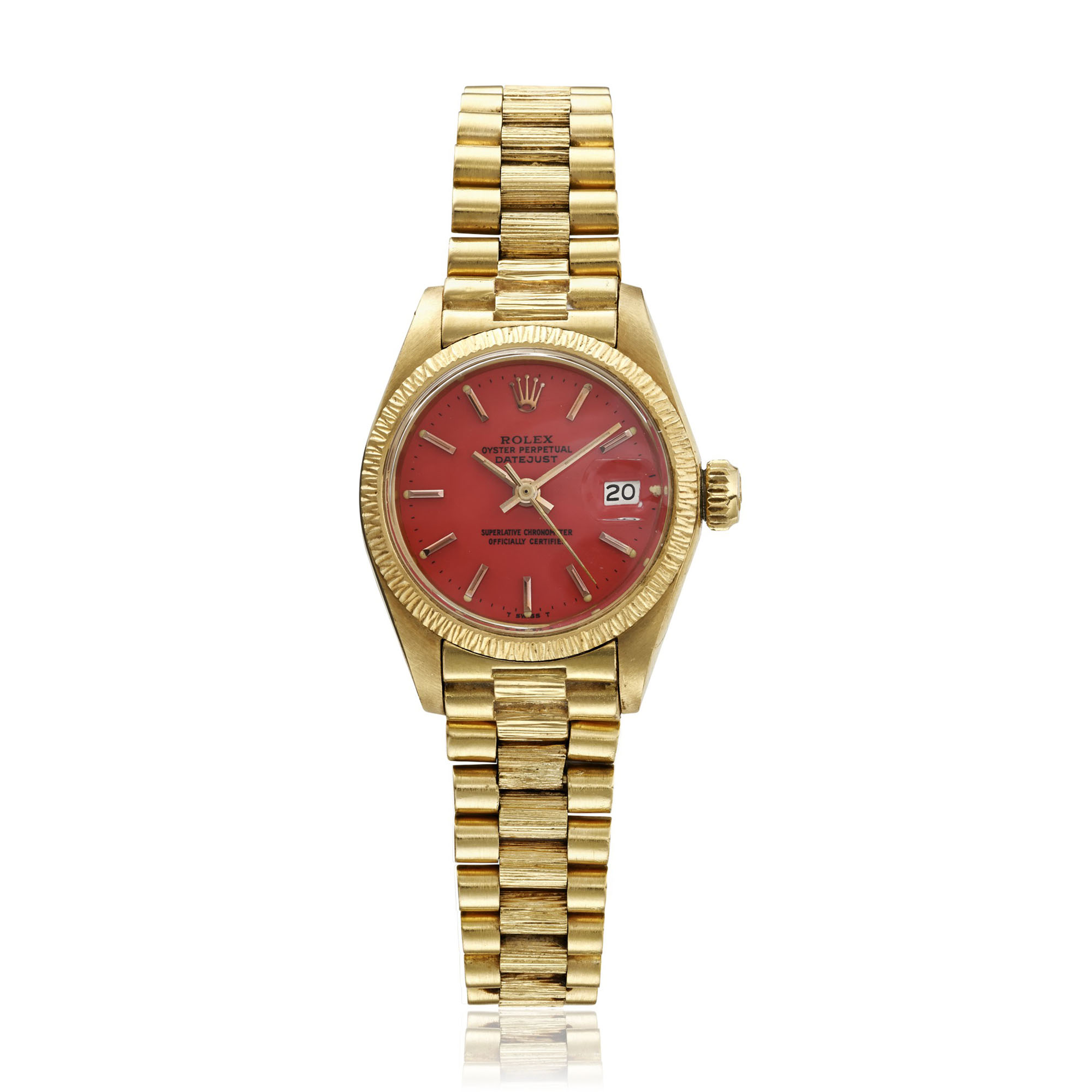 ROLEX, A LADY'S YELLOW GOLD DATEJUST WITH RED STELLA DIAL, REF.6927 ...