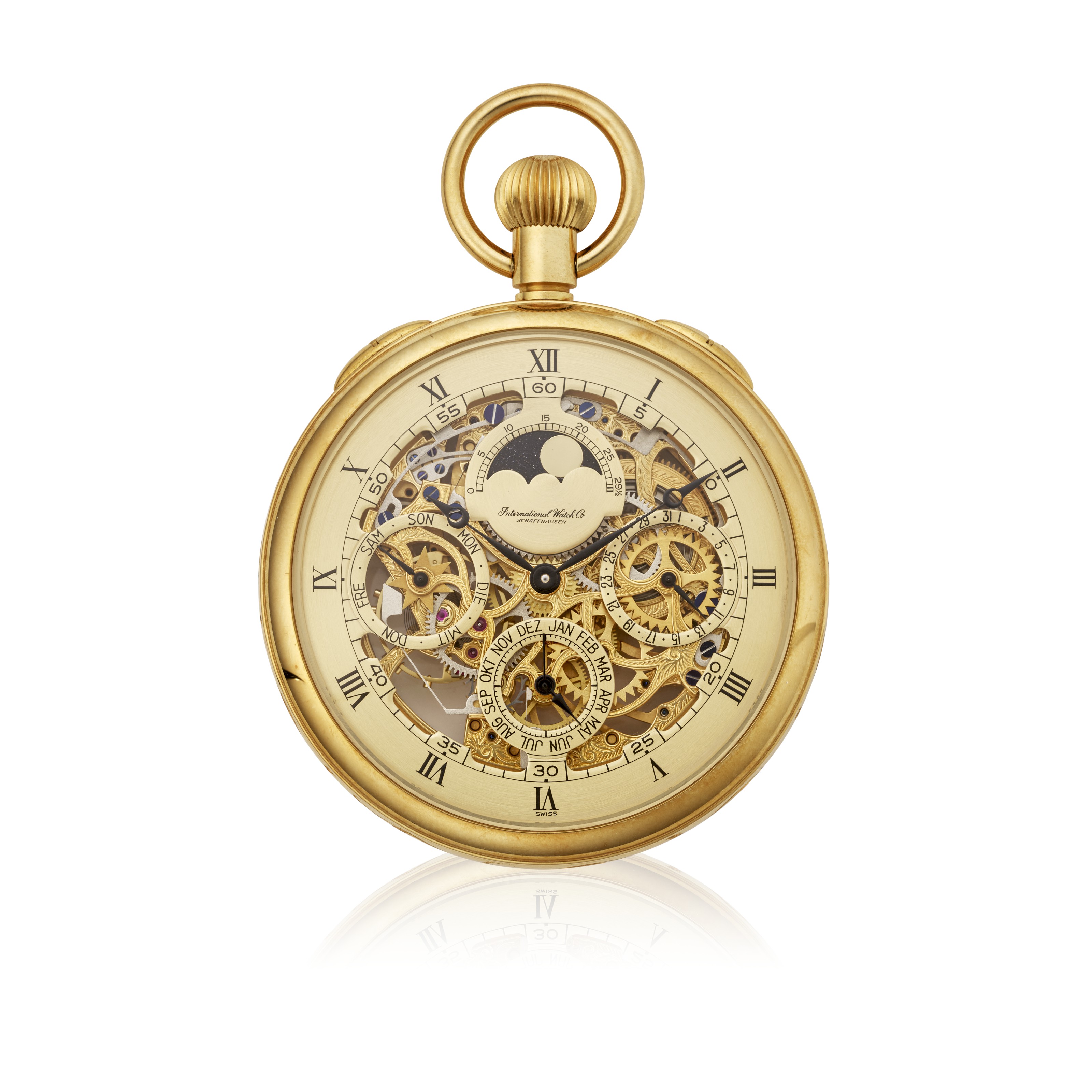 IWC, YELLOW GOLD PERPETUAL CALENDAR SKELETONIZED OPENFACE POCKET WATCH ...