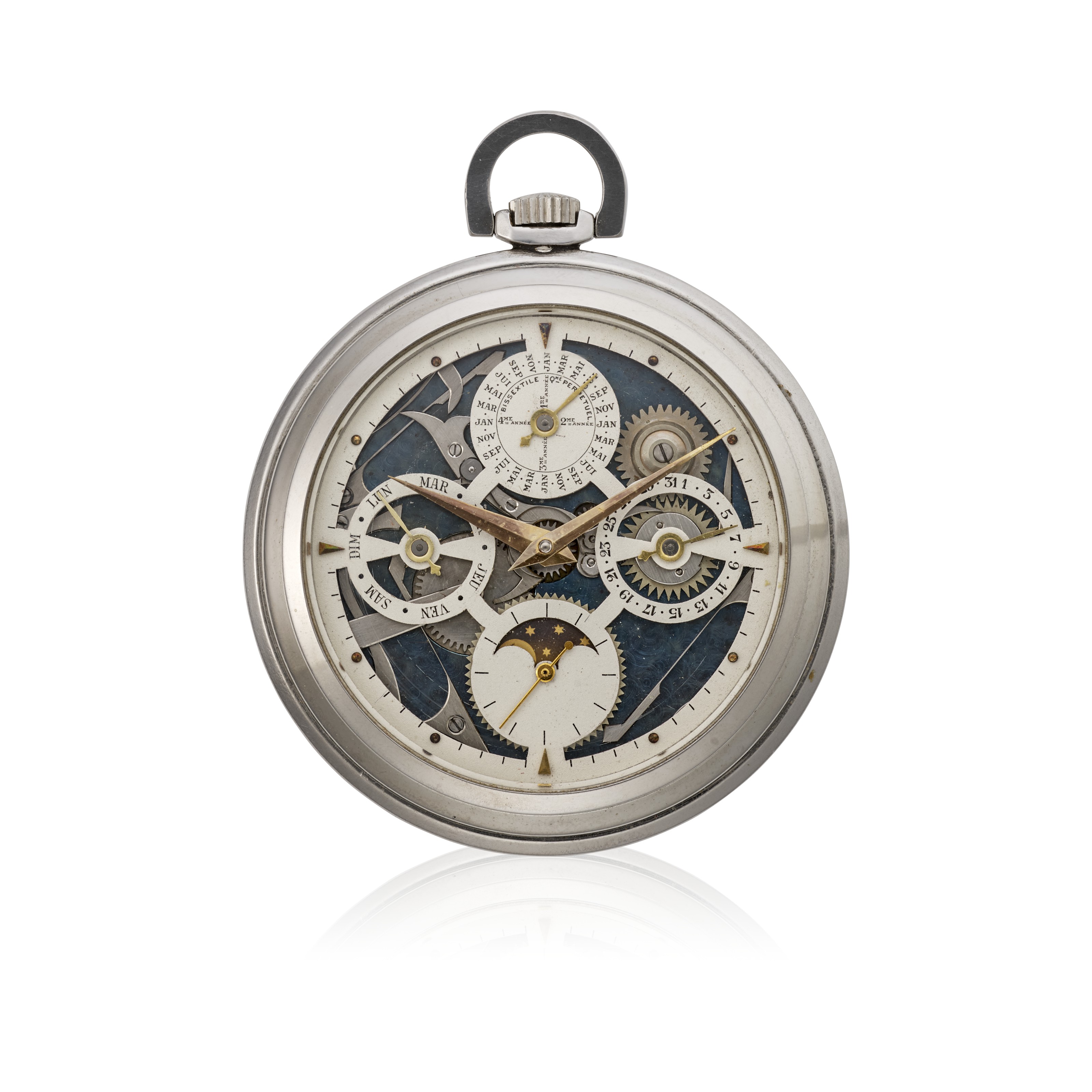 LOUIS CHANSON, STAINLESS STEEL SKELETONIZED PERPETUAL CALENDAR OPENFACE ...