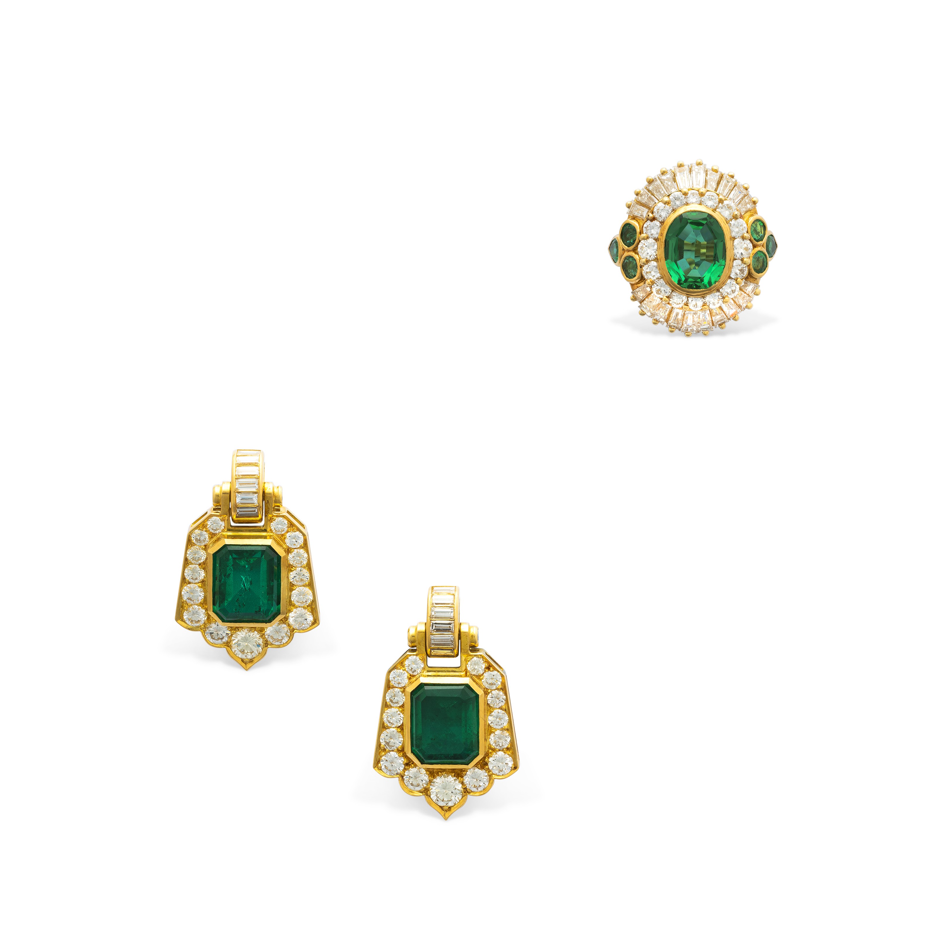 EMERALD AND DIAMOND RING; DOUBLET EMERALD AND DIAMOND EARRINGS ...