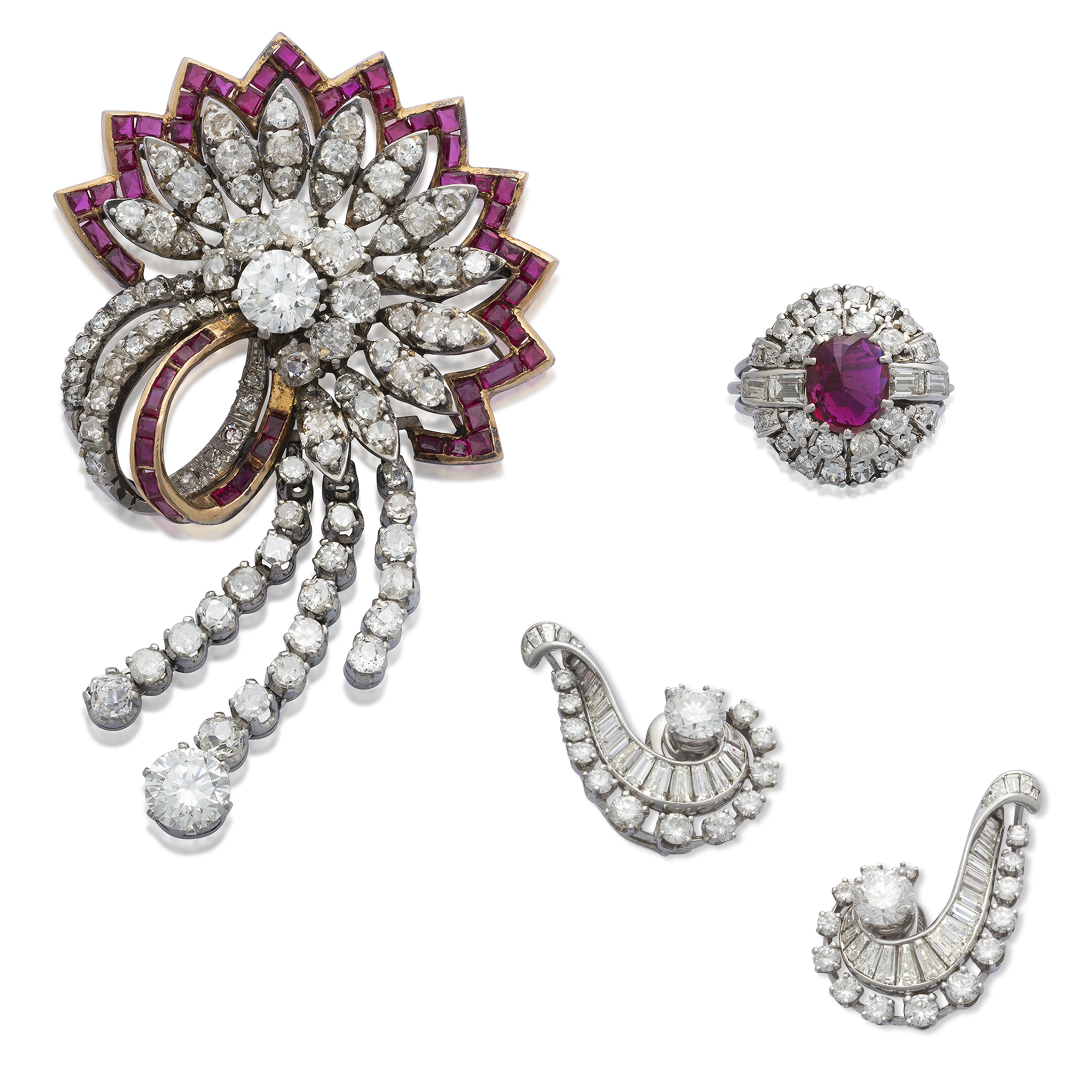 DIAMOND AND RUBY BROOCH AND RING; TOGETHER WITH A PAIR OF DIAMOND ...