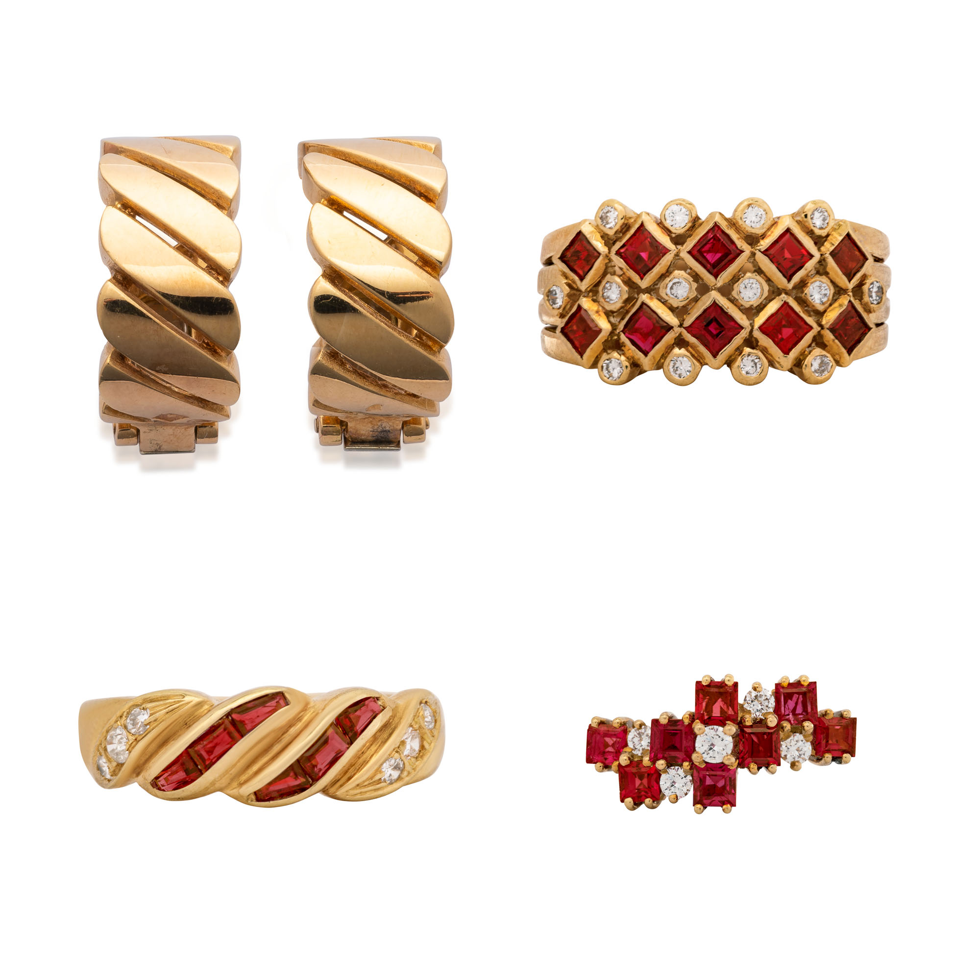 NO RESERVE - THREE RUBY AND DIAMOND RINGS; TOGETHER WITH A PAIR OF GOLD ...