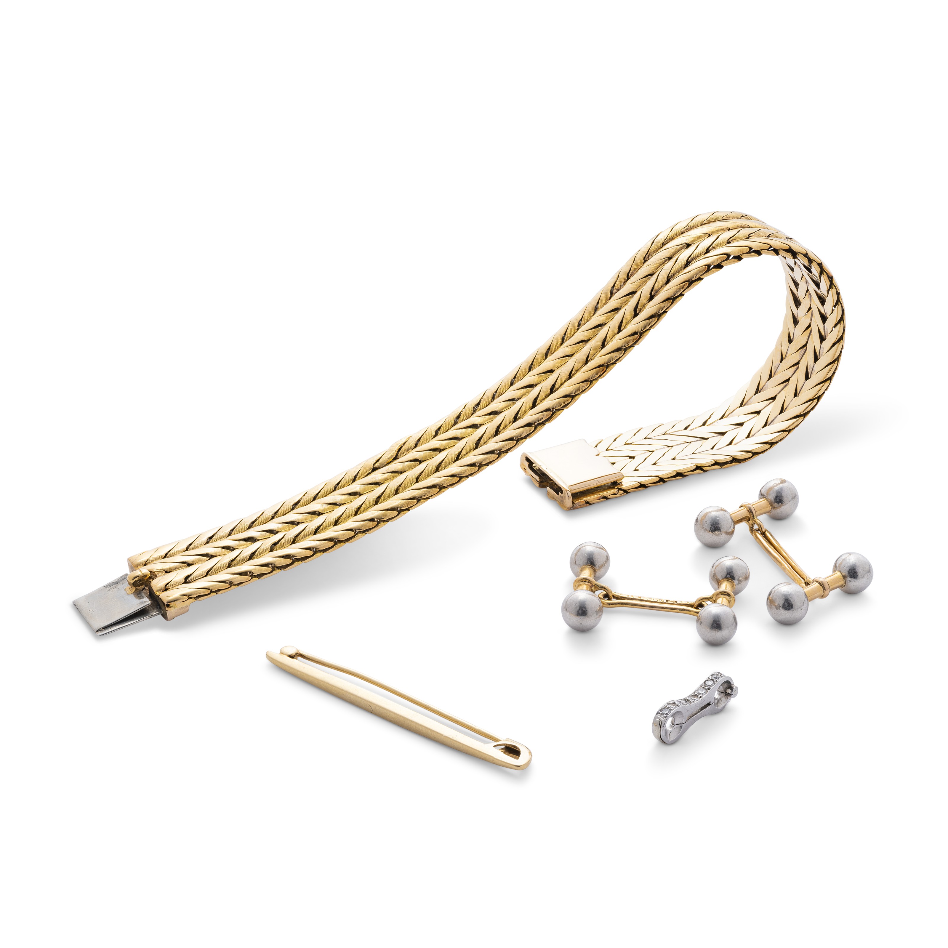 NO RESERVE - DIAMOND CLASP; GOLD BRACELET AND BROOCH; CUFFLINKS; LOOSE ...